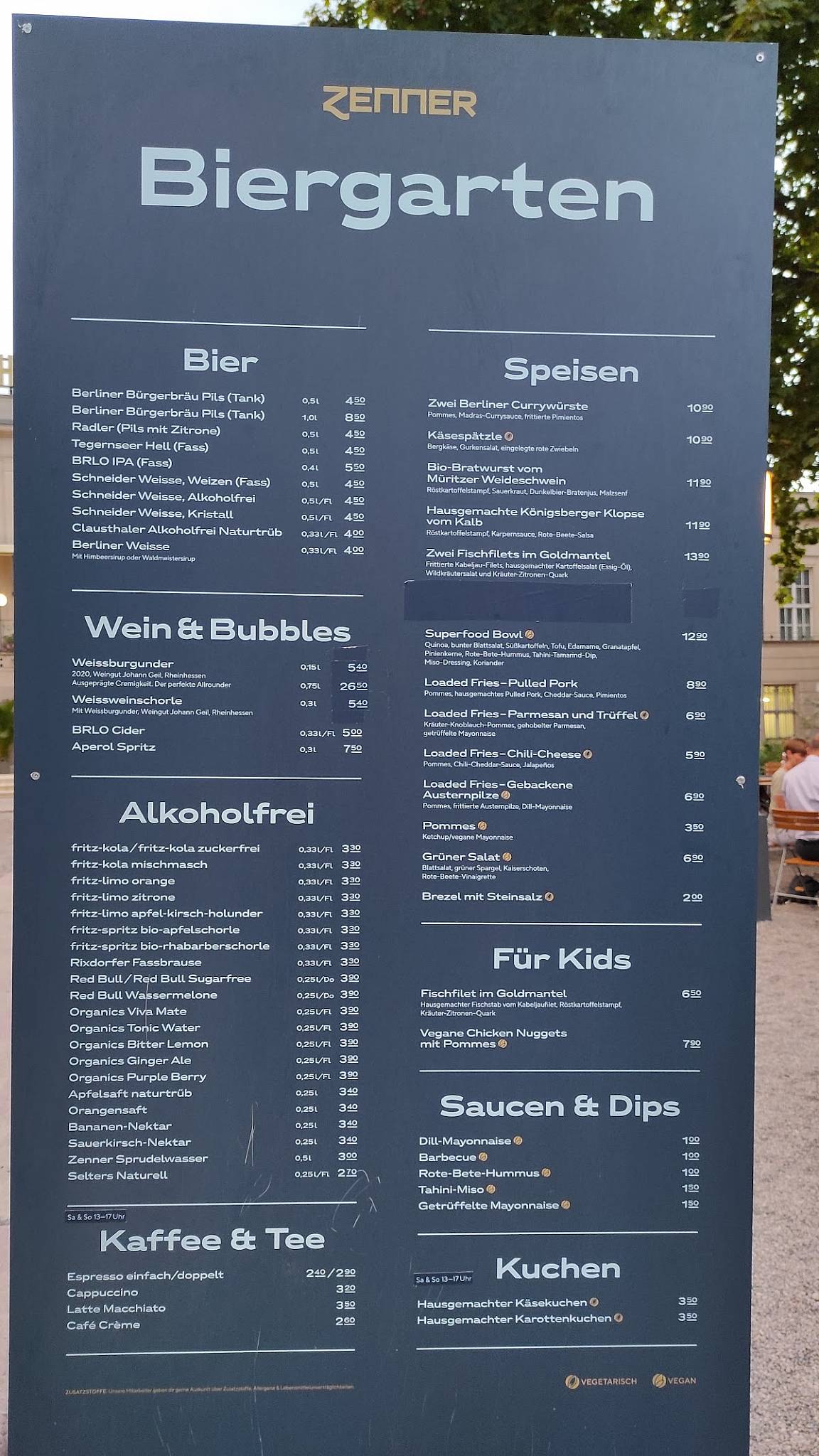 Speisekarte von Zenner Biergarten und Weingarten restaurant, Berlin