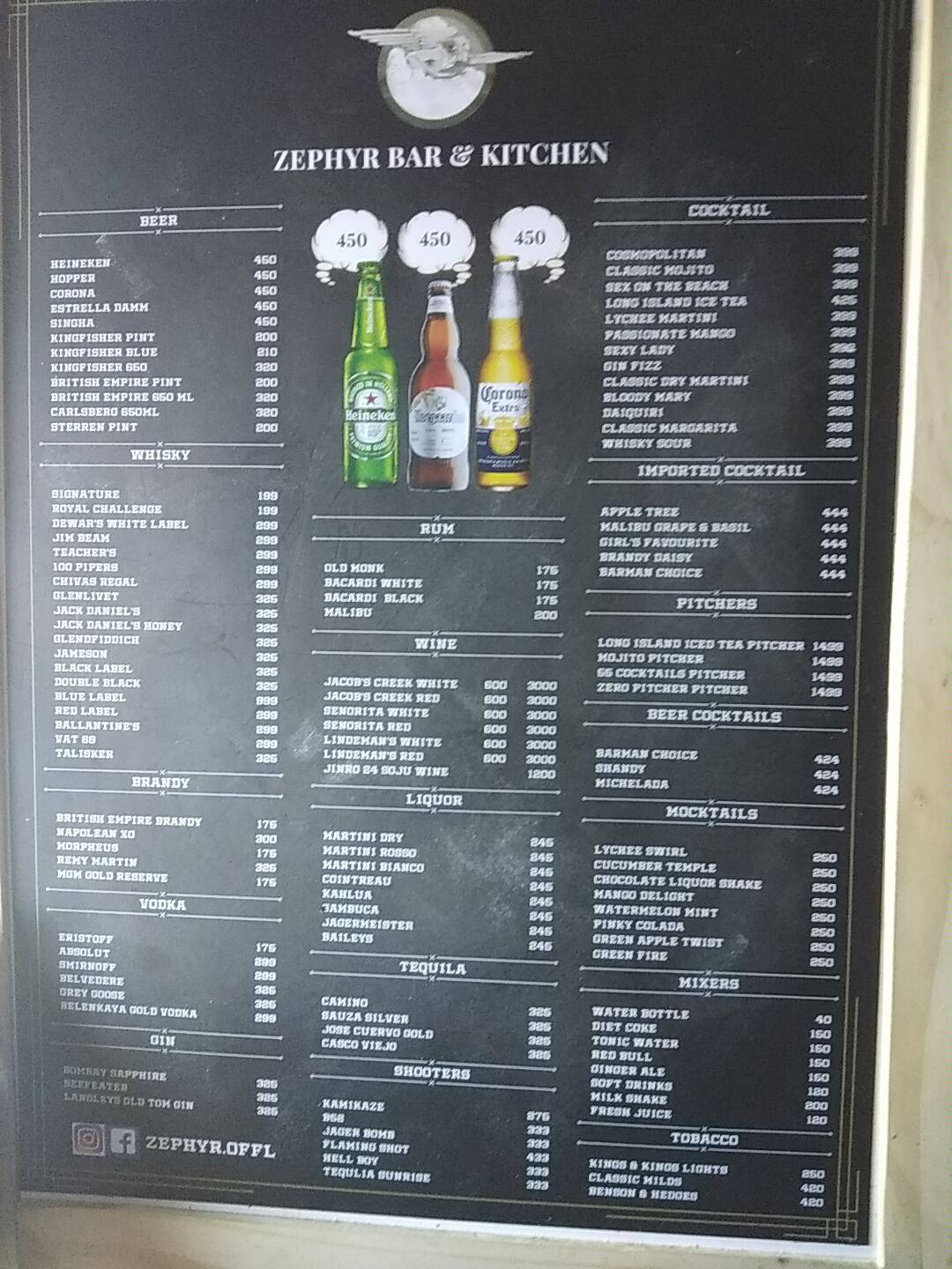 Menu at Zephyr Bar and Kitchen, Oragadam