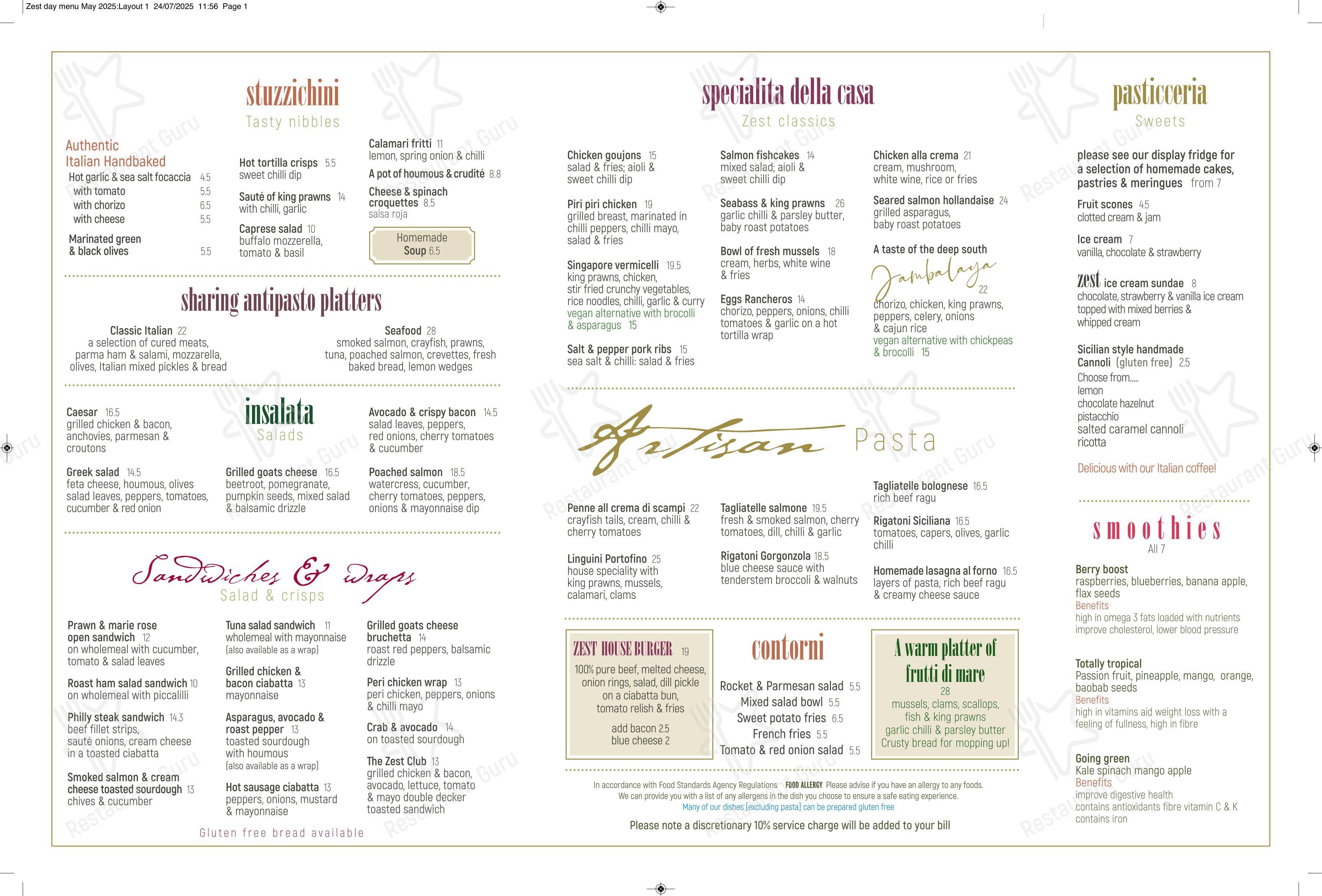 Menu at Zest Gastronomia restaurant, Lytham Saint Annes