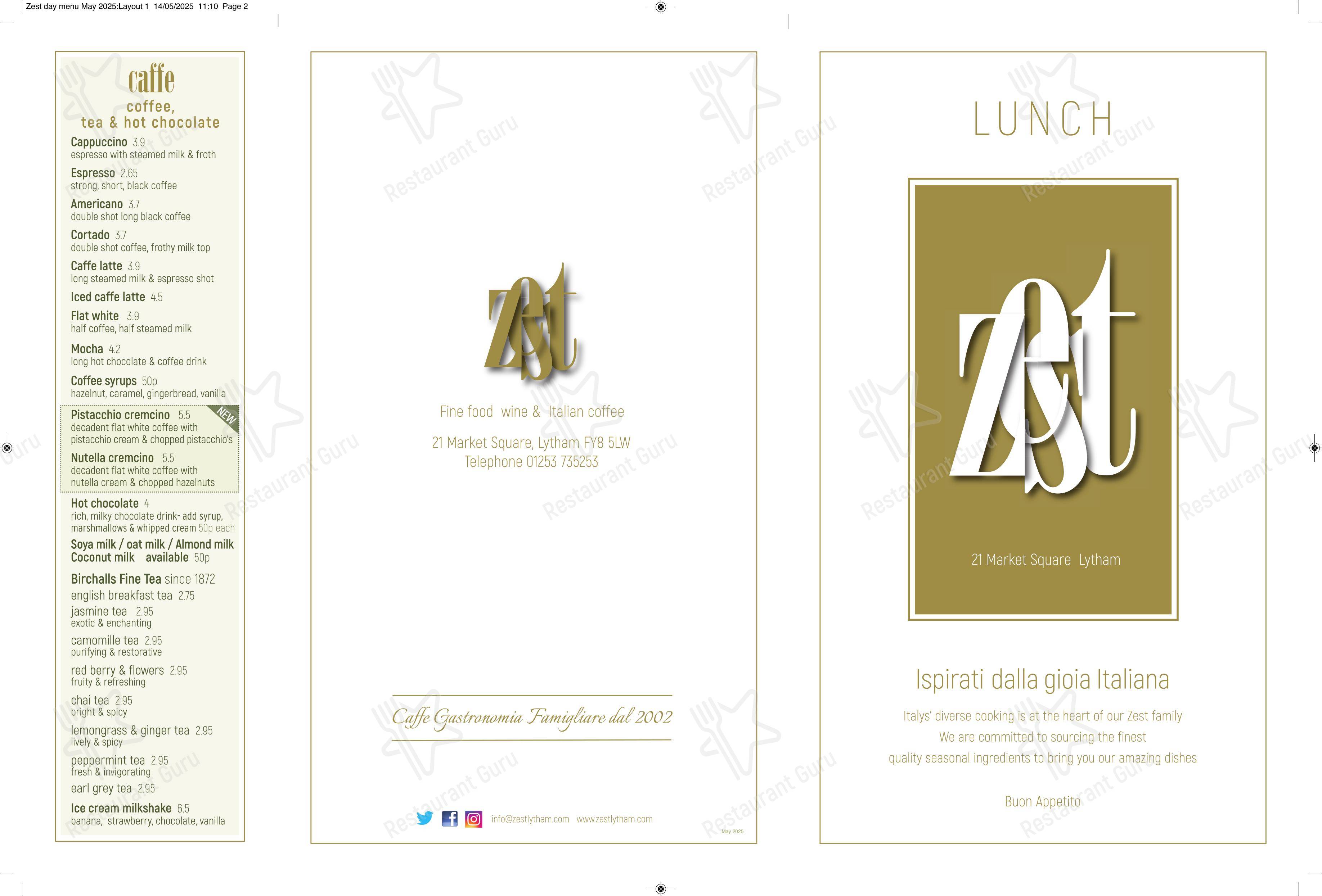 Menu at Zest Gastronomia restaurant, Lytham Saint Annes