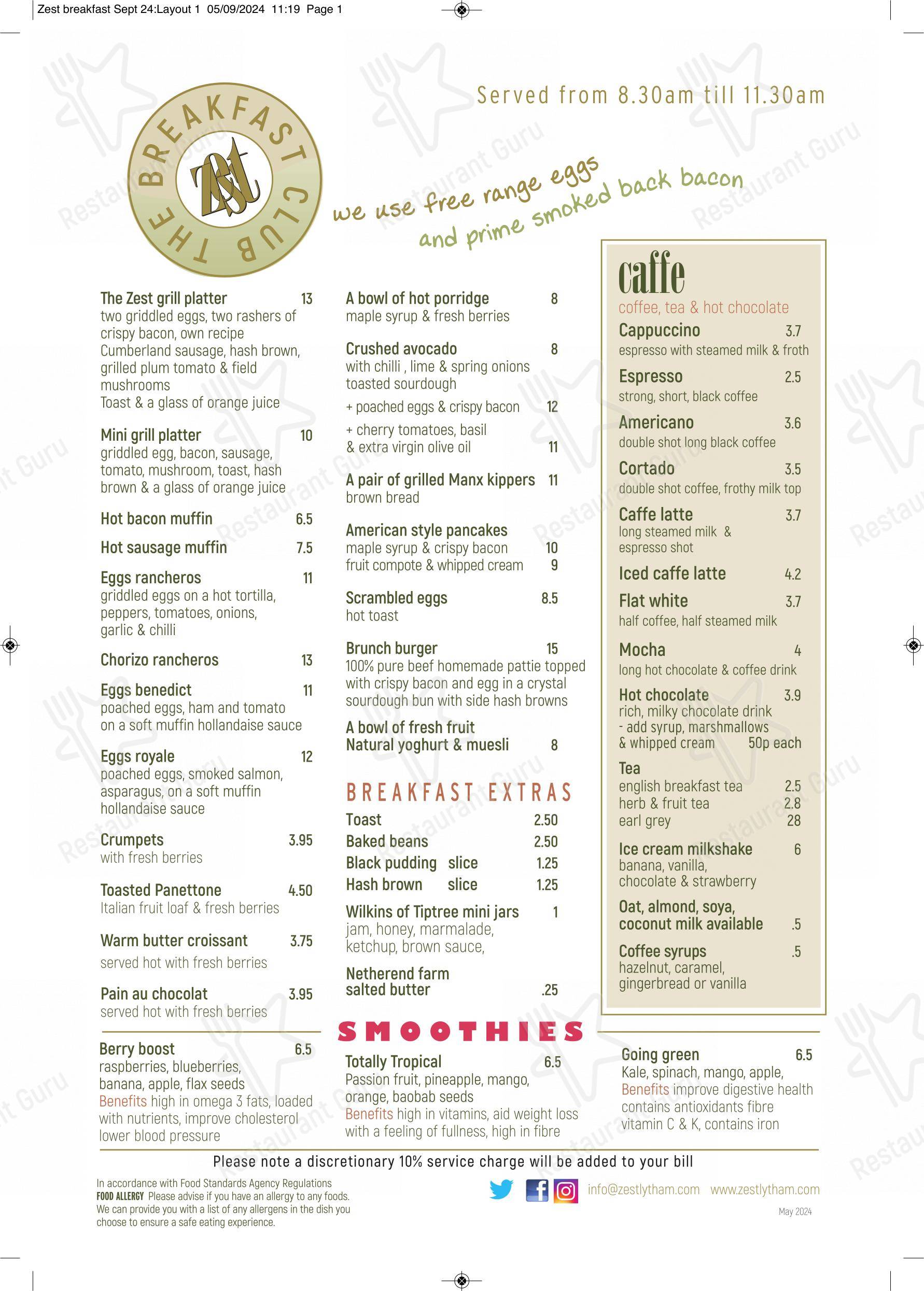 Menu at Zest Gastronomia restaurant, Lytham Saint Annes