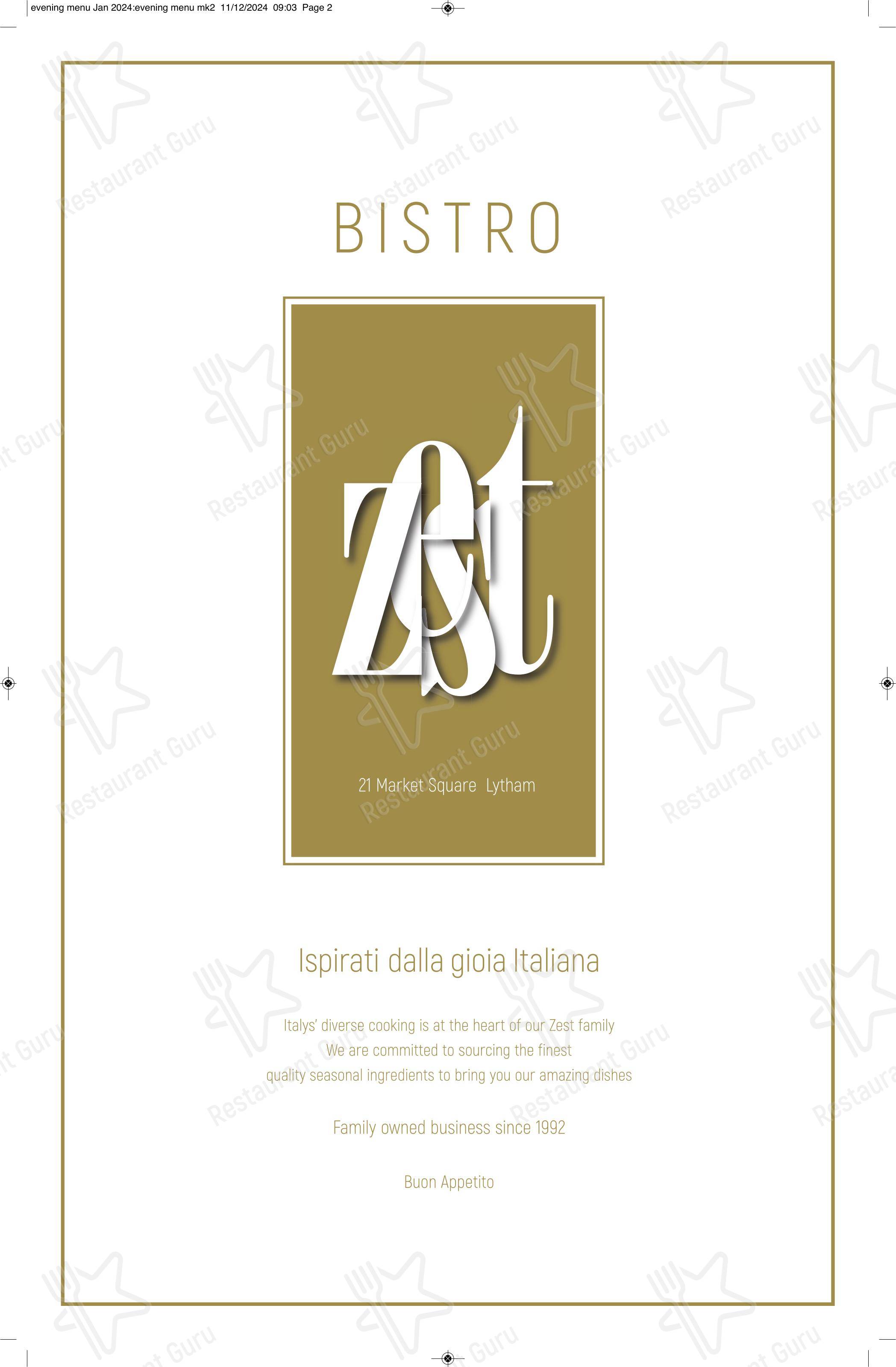 Menu at Zest Gastronomia restaurant, Lytham Saint Annes