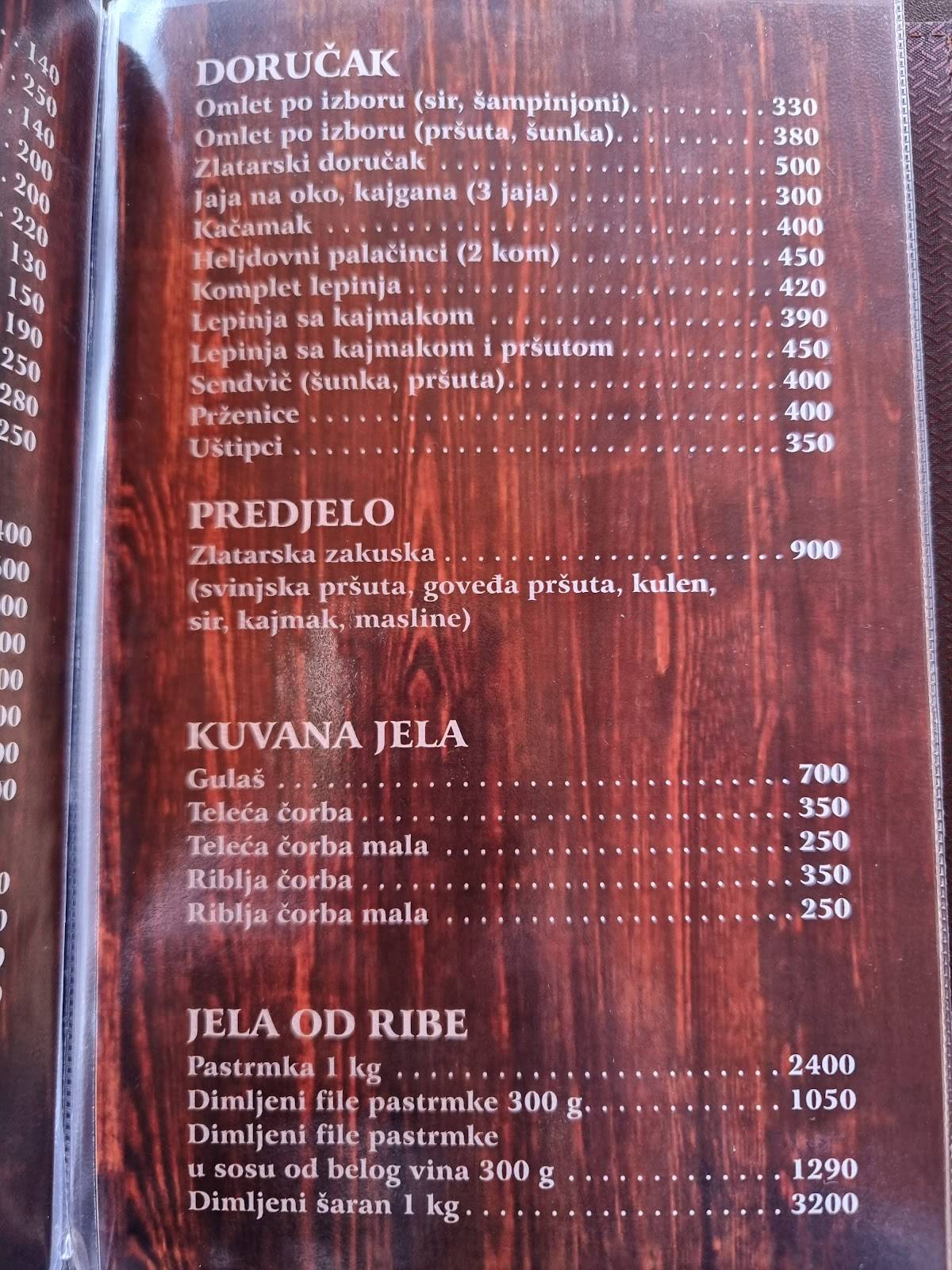 Menu at Златарски рибар, Kokin Brod