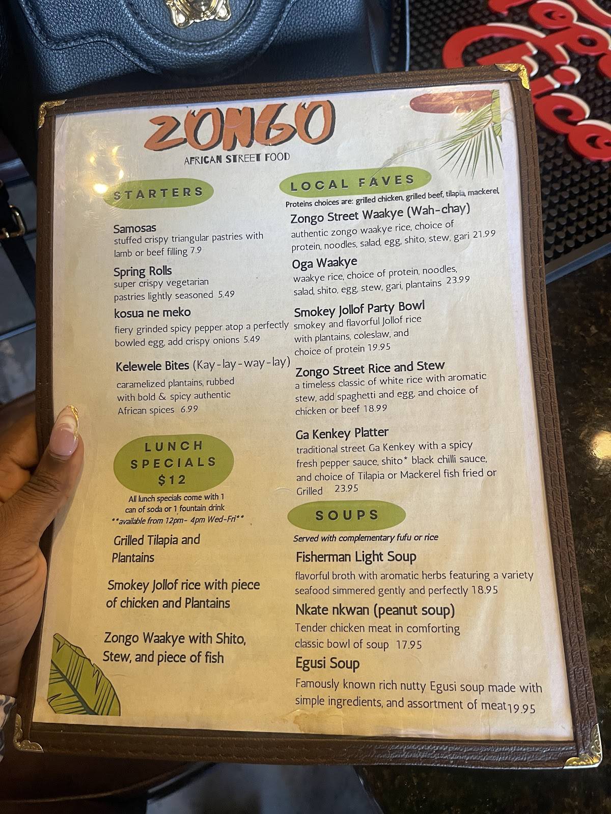 Menu at Zongo restaurant, Houston, W Grand Pkwy S #90