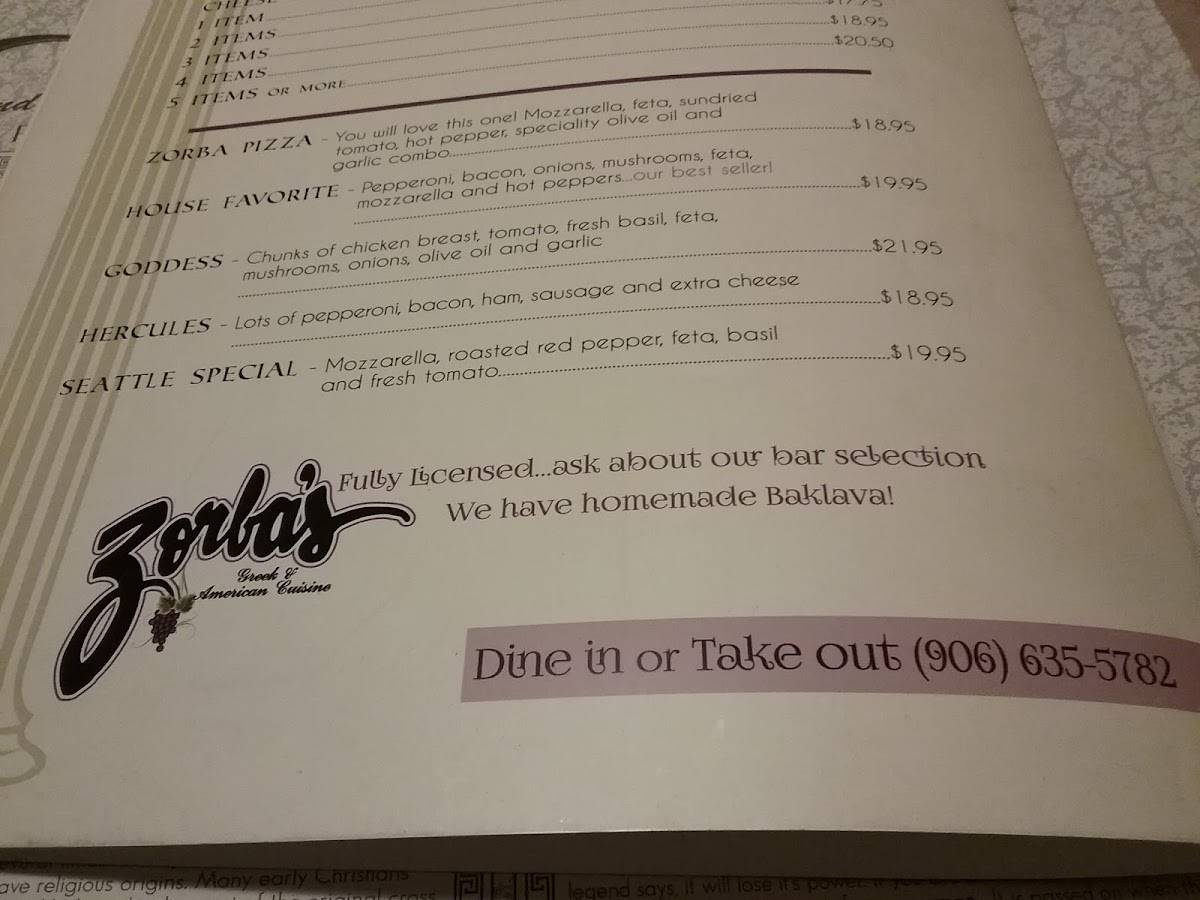 Menu at Zorba’s restaurant, Sault Ste. Marie