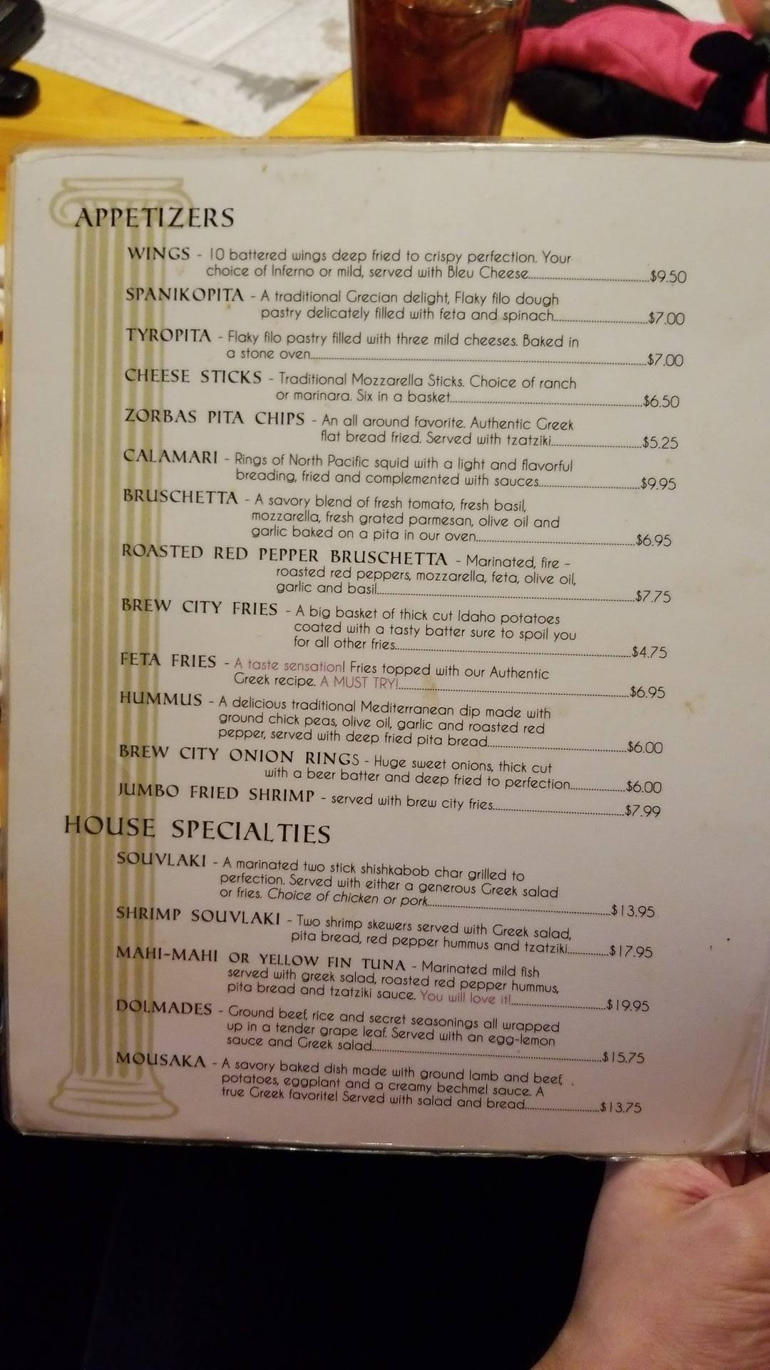 Menu at Zorba’s restaurant, Sault Ste. Marie