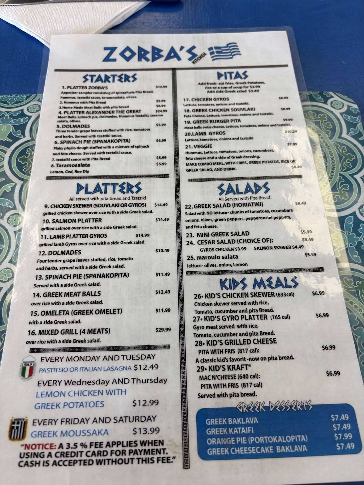 Menu at Zorba's Greek Kitchen restaurant, Orlando
