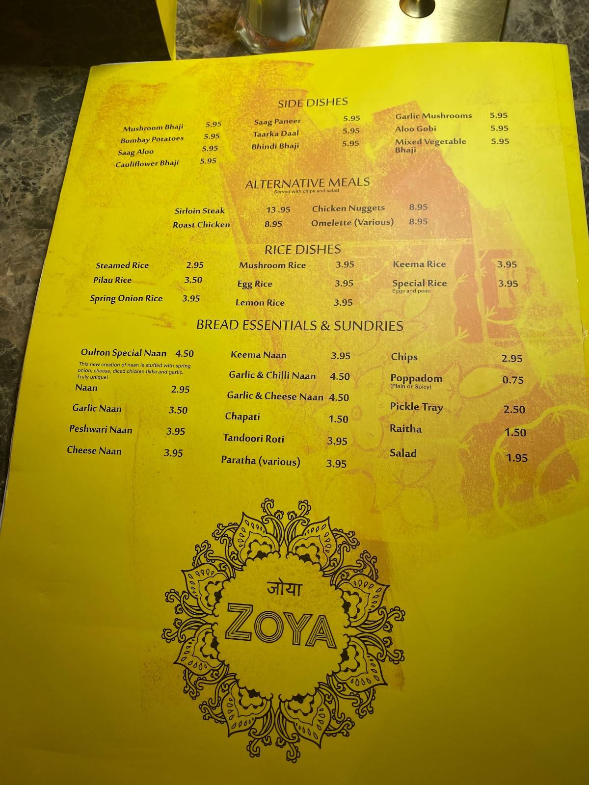 Menu at Zoya Oulton restaurant, Leeds, 76 Aberford Rd