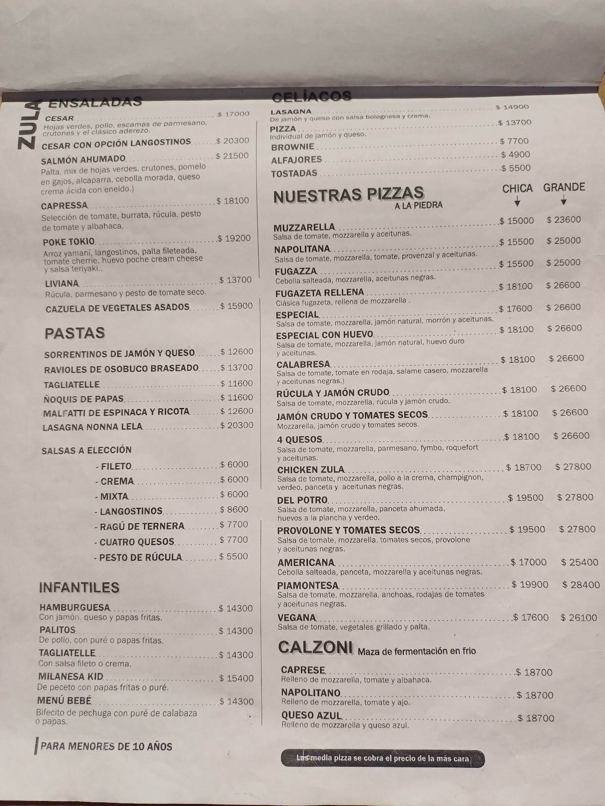 Carta del restaurante Zula Bistró, Villa General Belgrano