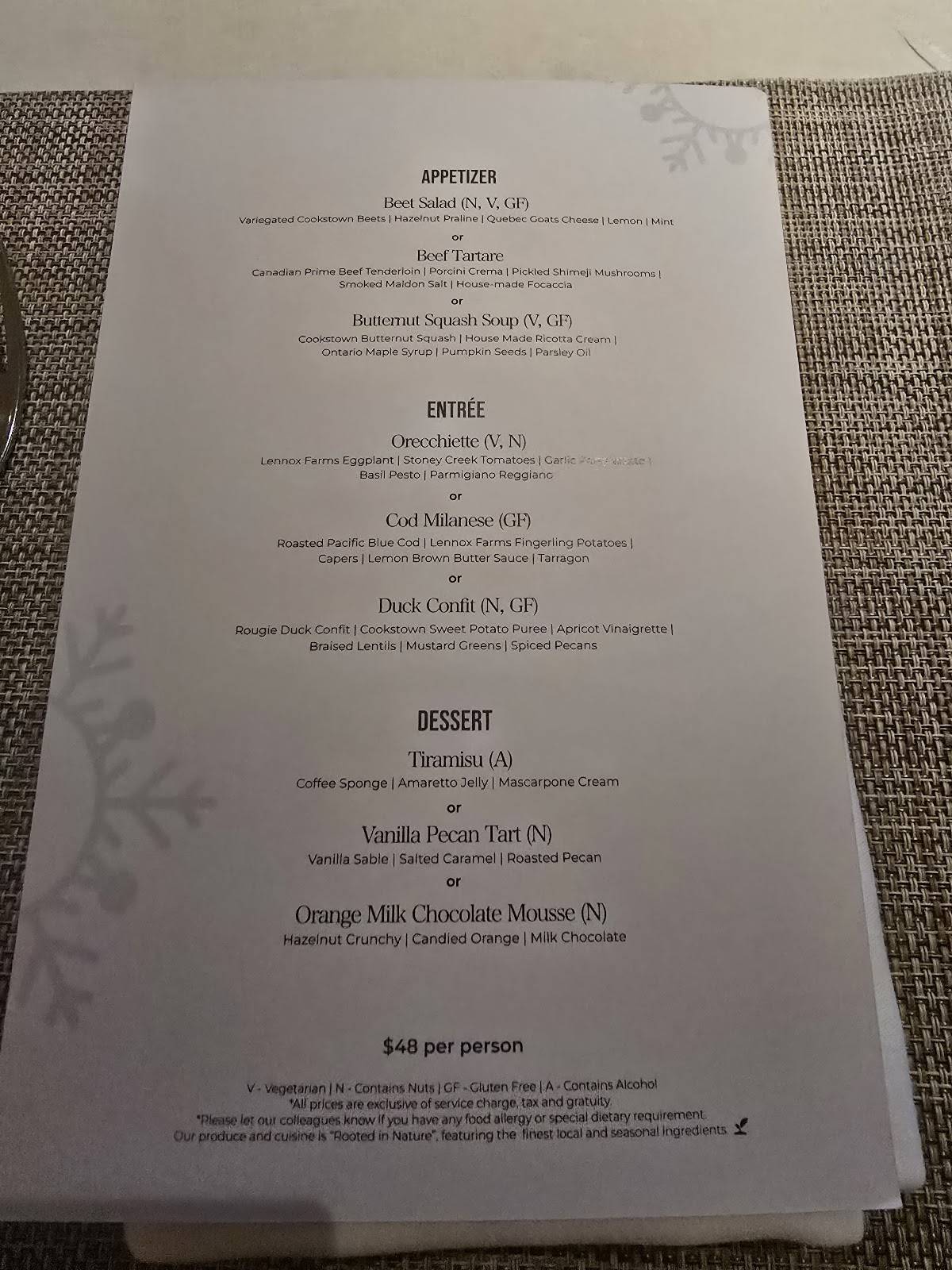Menu at bosk restaurant, Toronto