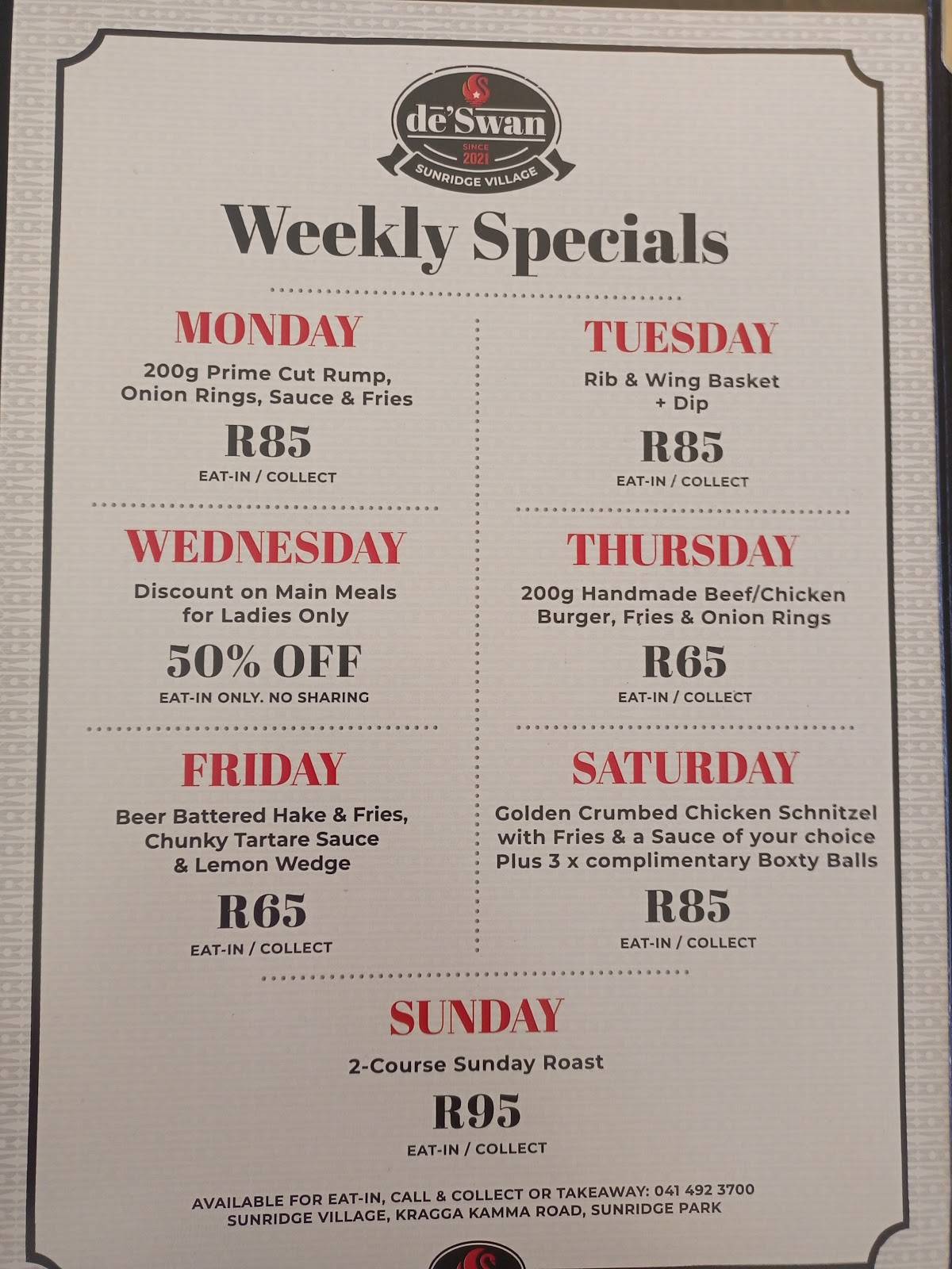 Menu at de'Swan Sunridge pub & bar, Port Elizabeth