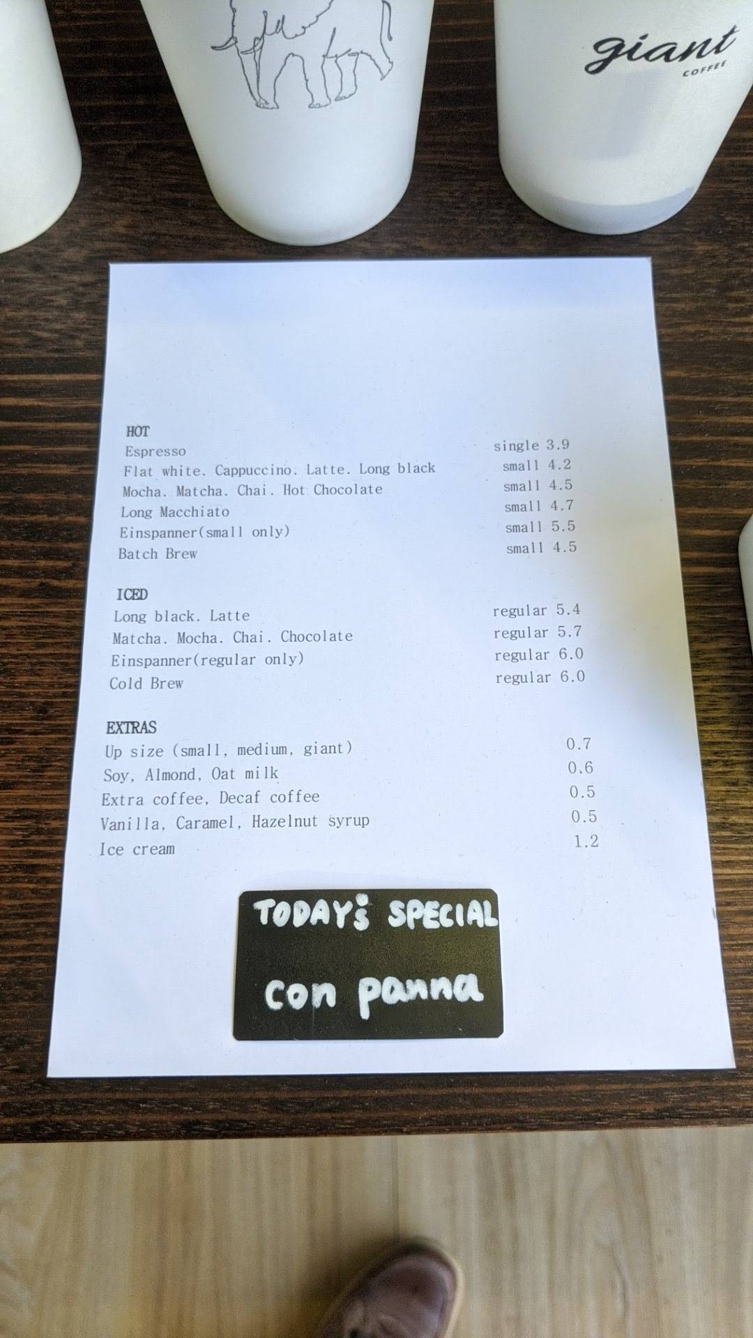 Menu at giant coffee cafe, Northbridge