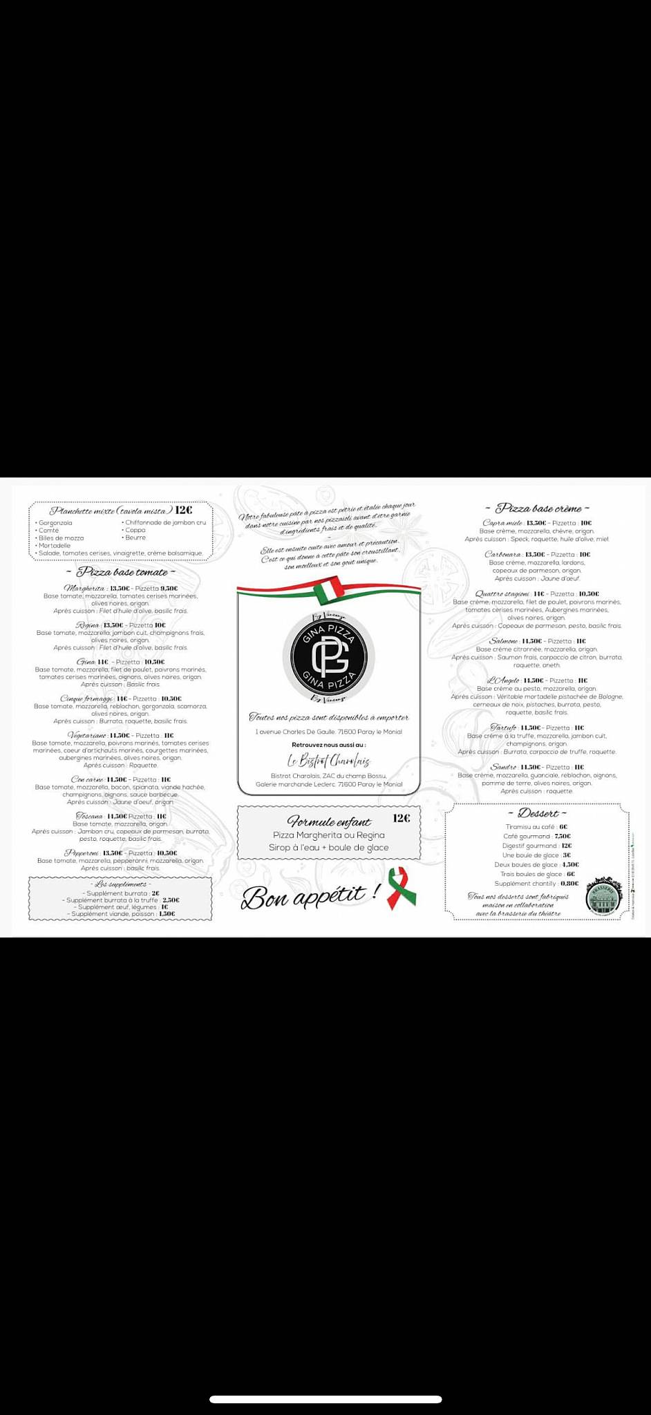 Menu at gina pizza restaurant, Paray-le-Monial