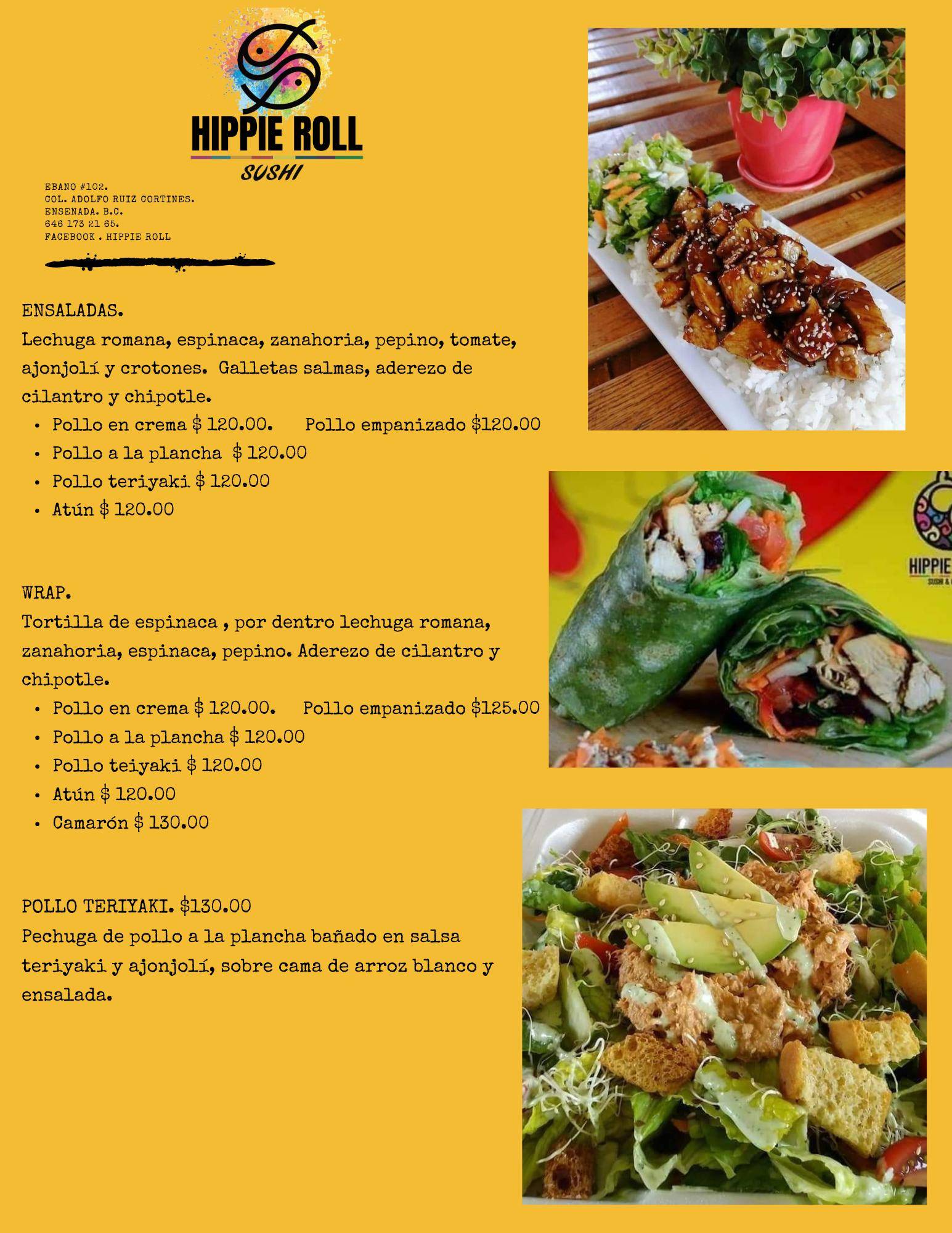 Carta del restaurante hippie roll, Ensenada