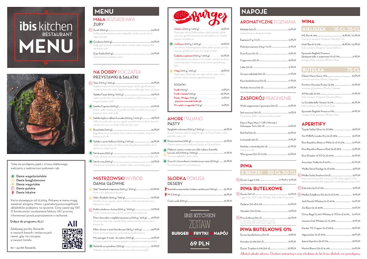 Menu at ibis Kitchen restaurant, Warsaw, al. „Solidarności” 165