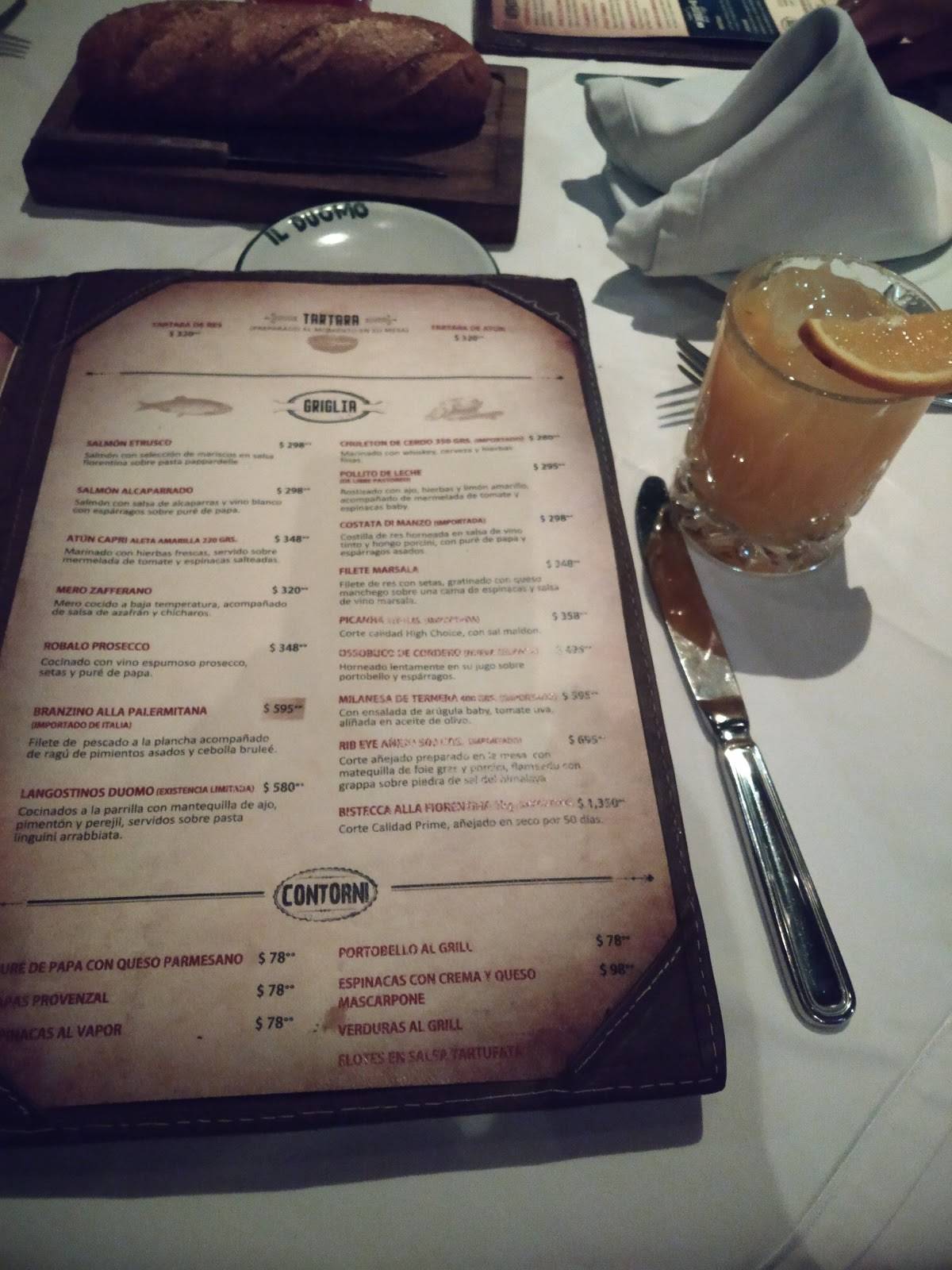 Carta del restaurante Il Duomo, Guadalajara