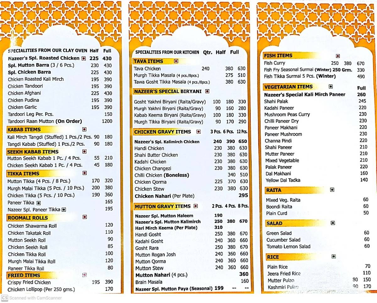 Menu at nazeer since1950, New Delhi
