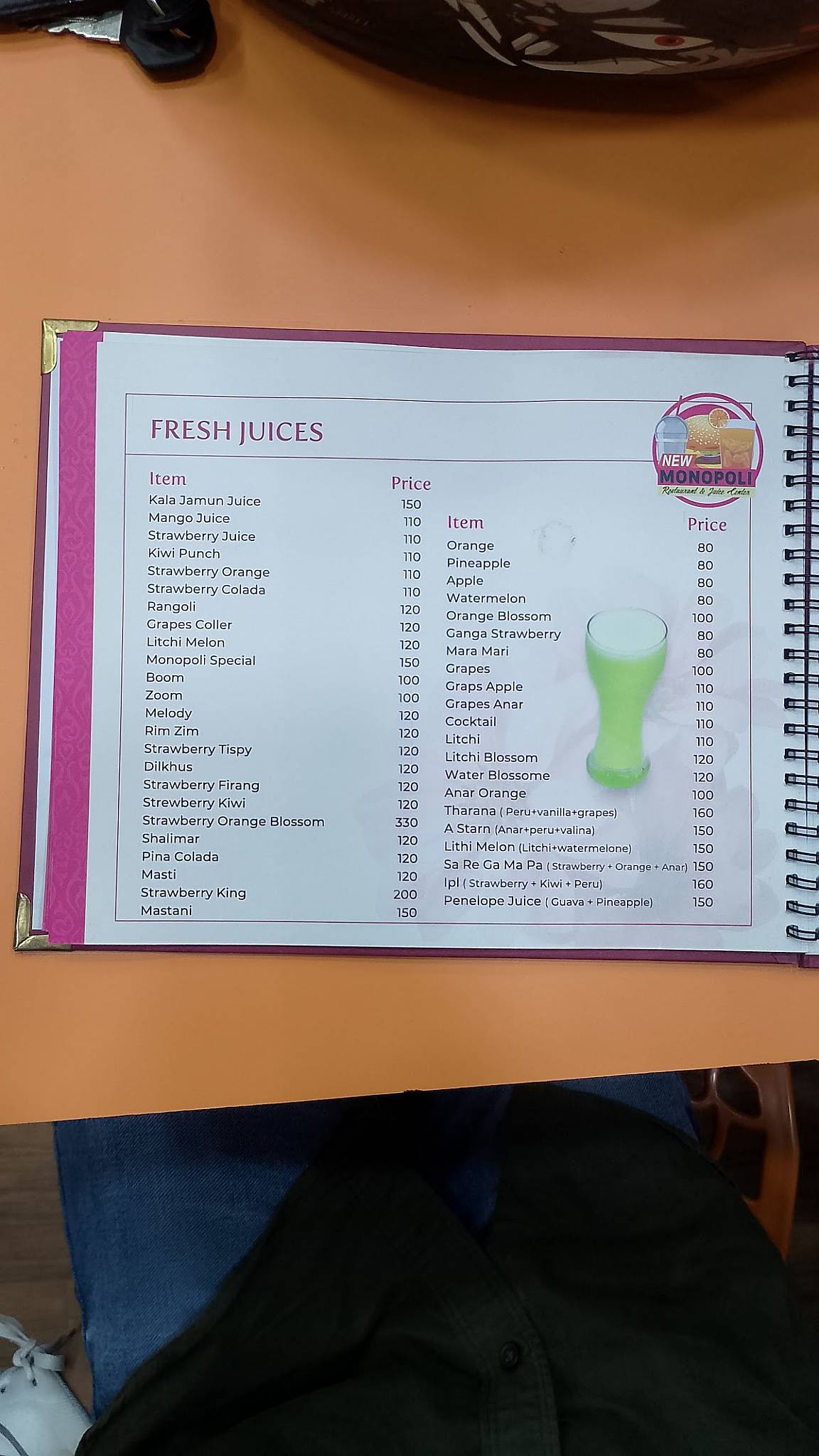 Menu at new monopoli juice centre, Patna