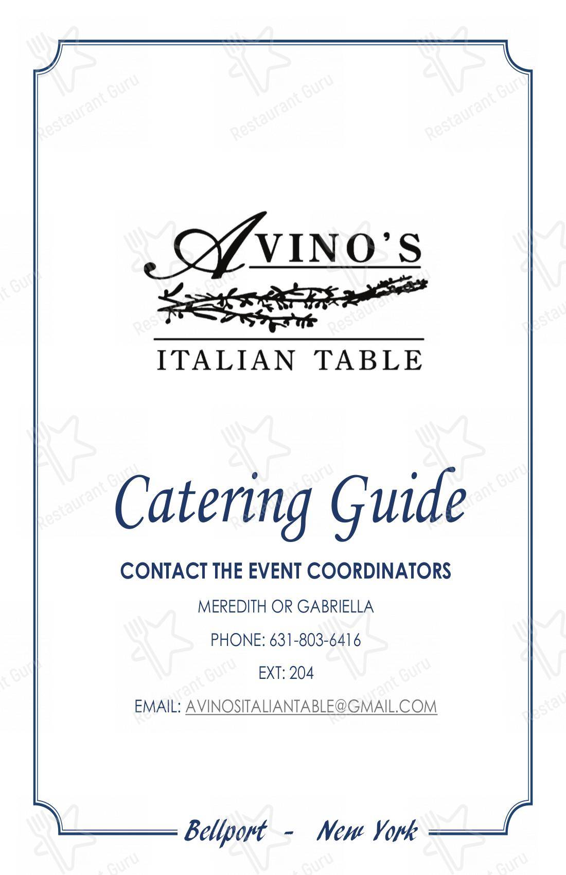 Menu at Avino's Italian Table restaurant, Bellport, 108 S Country Rd