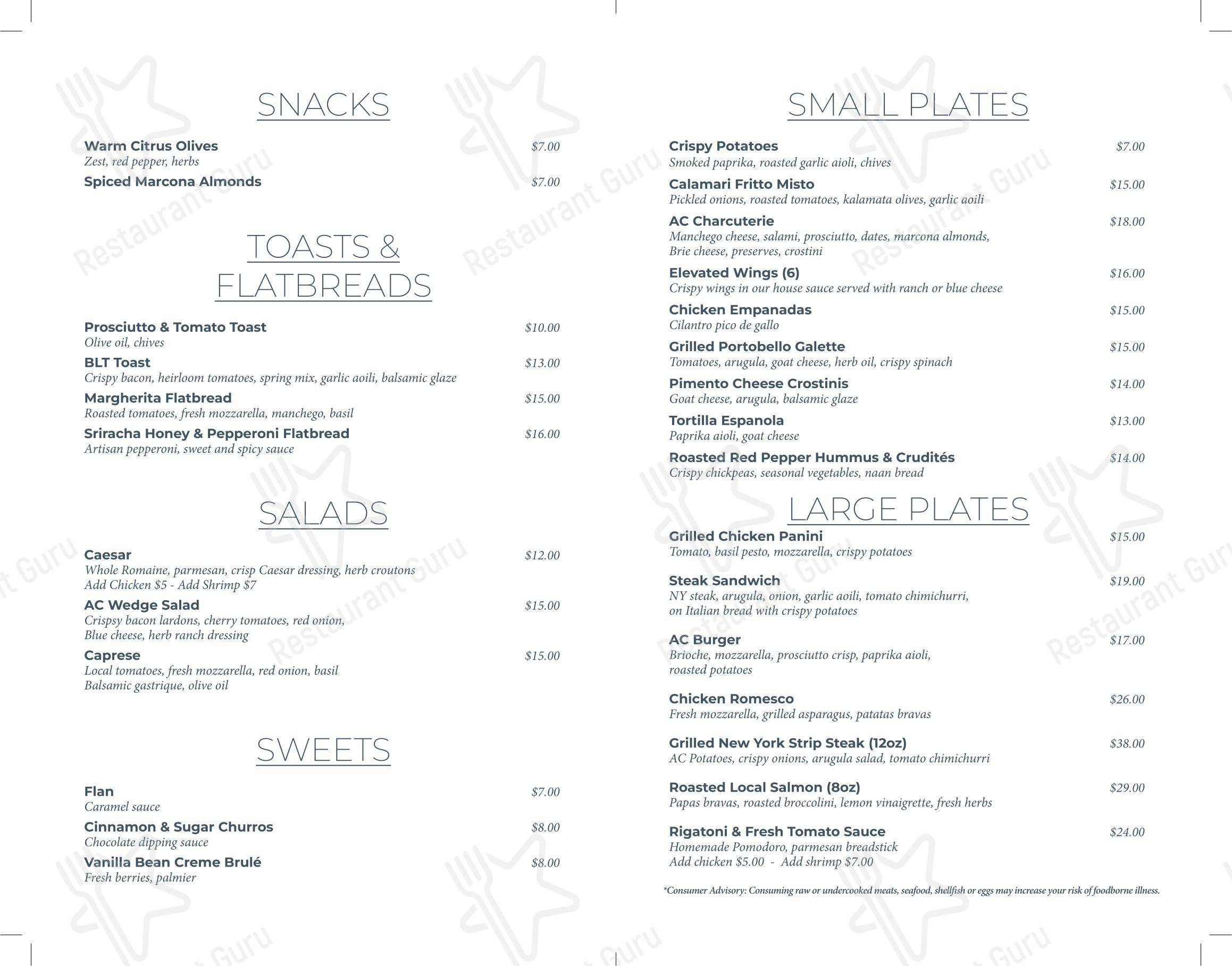 Menu at AC Sky Bar, Orlando