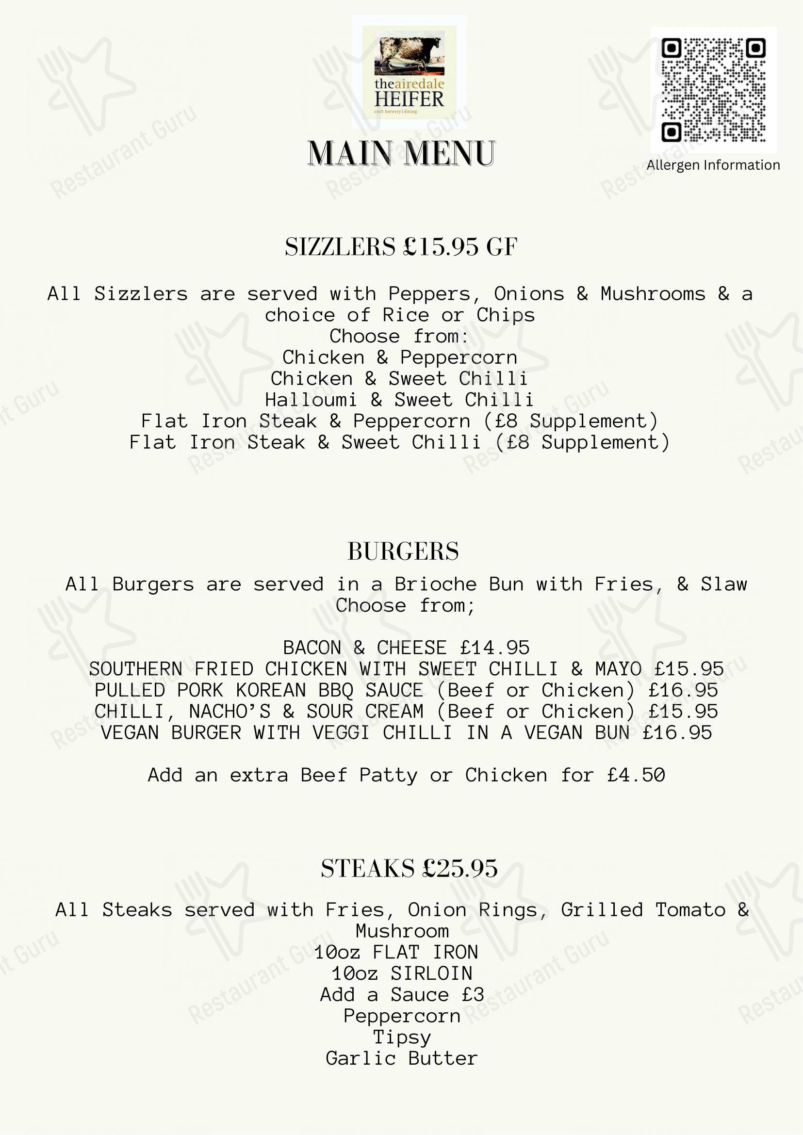 Menu at Airedale Heifer pub & bar, Keighley, Bradford Road