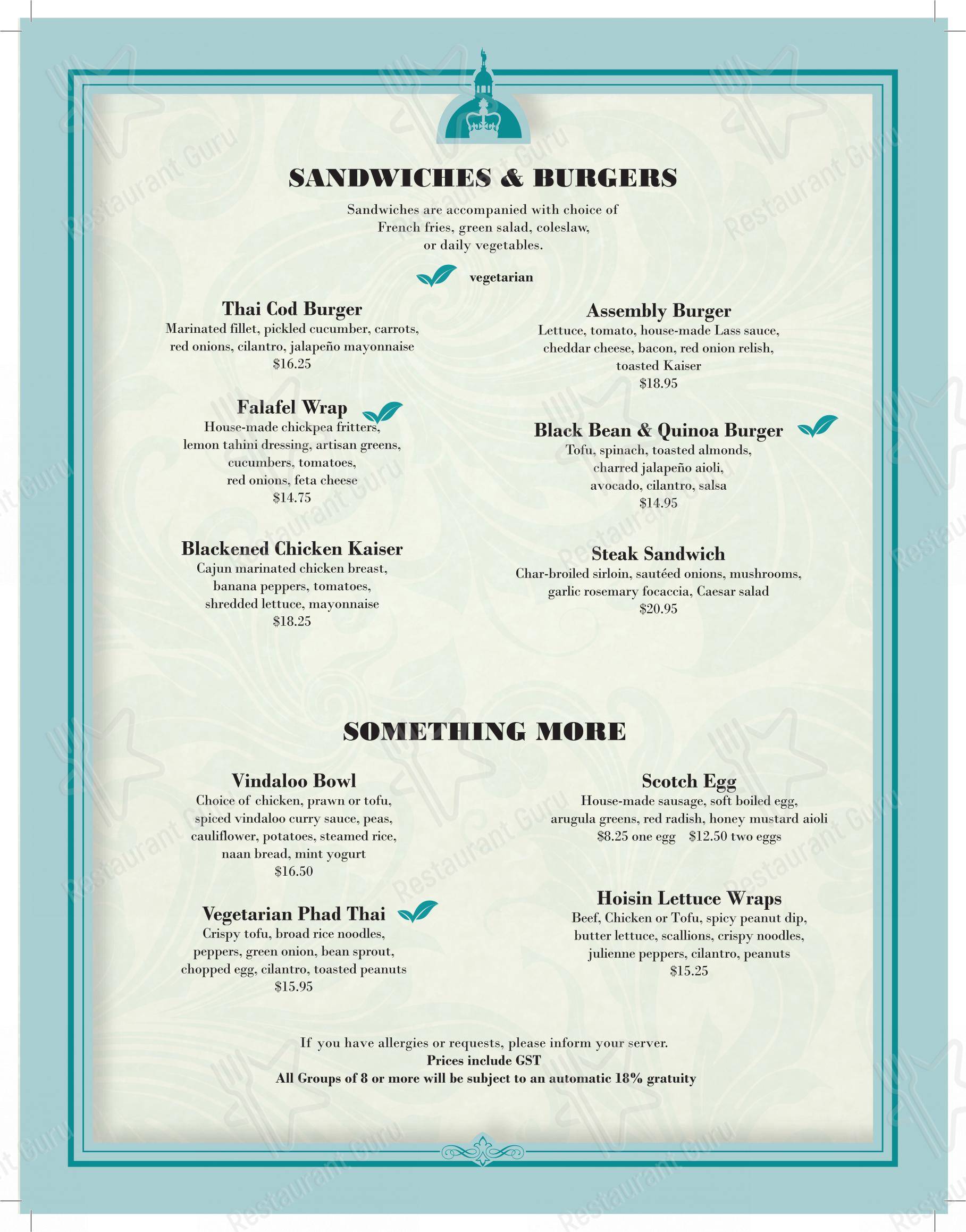 Menu at BC Legislative Dining Room restaurant, Victoria