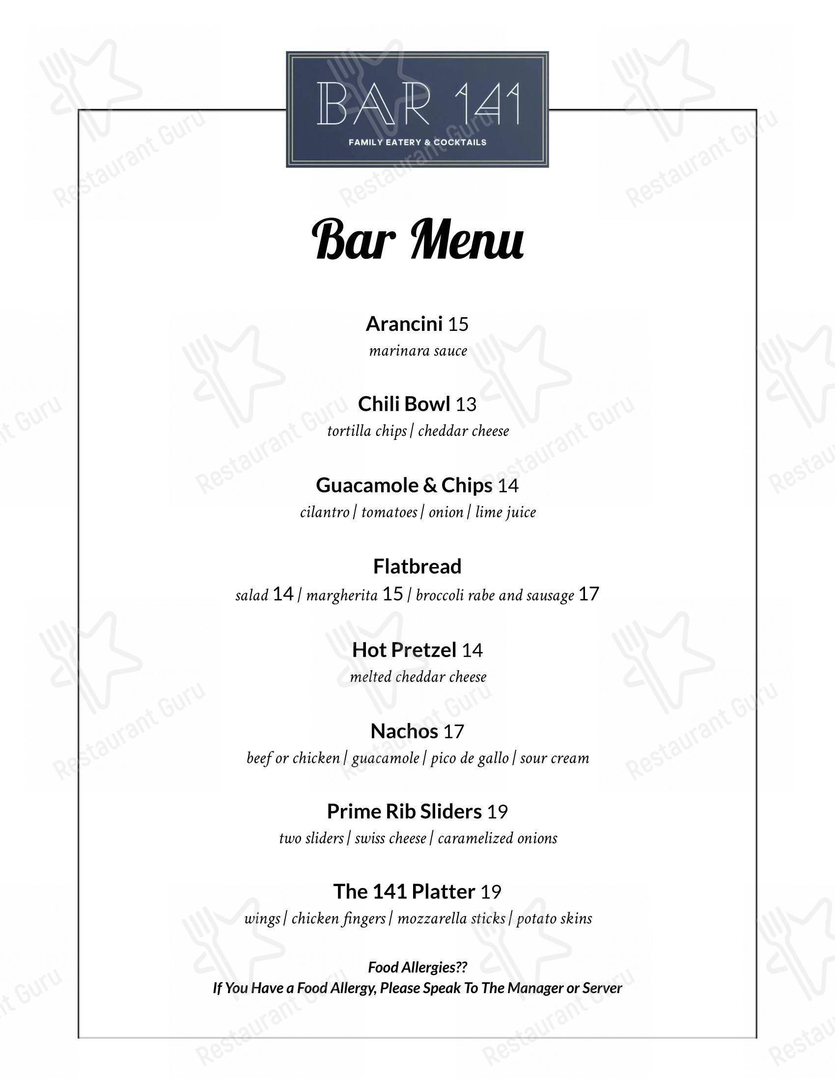 Menu at Bar 141, Thornwood