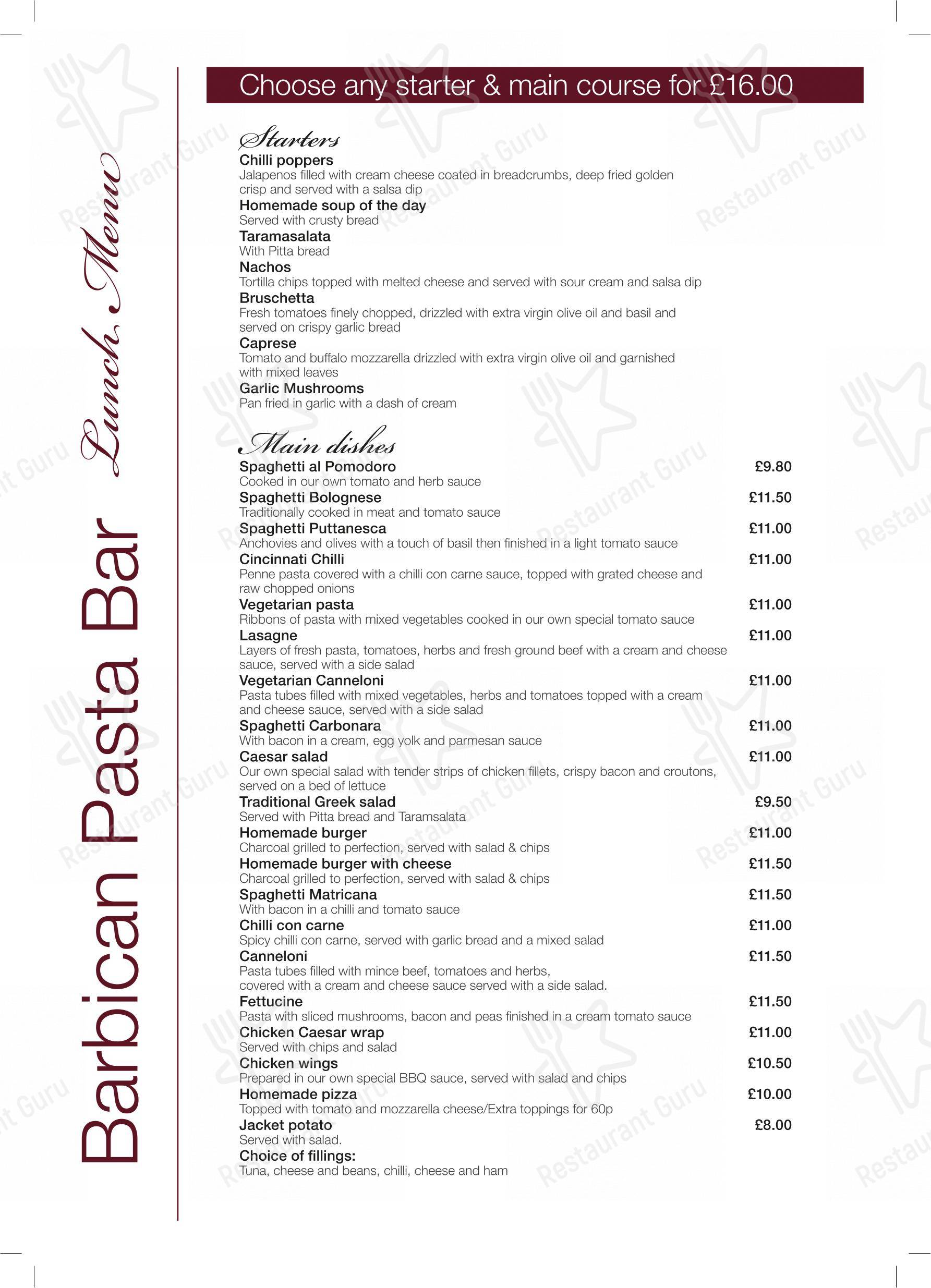 Menu at Barbican Pasta Bar, Plymouth