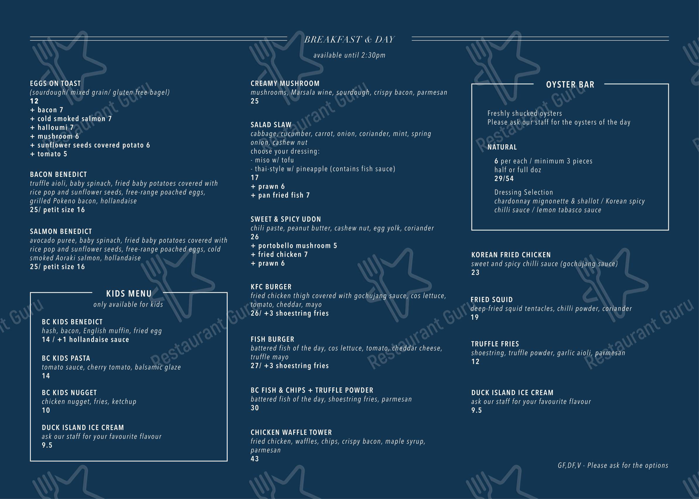 Menu at Beach Club Oyster & Kitchen, Auckland