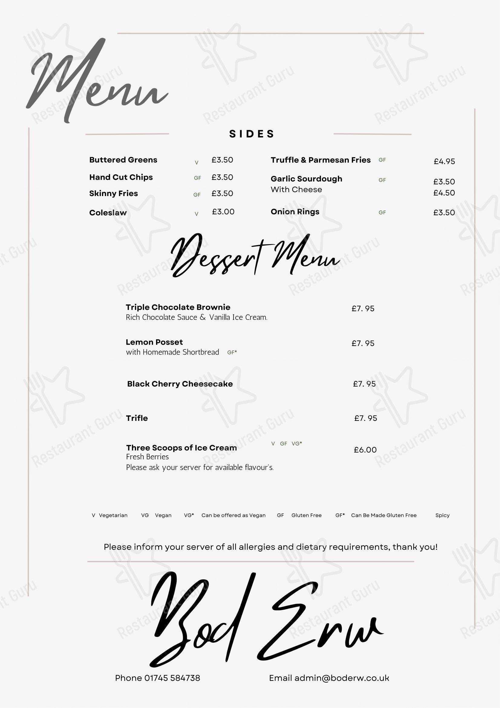 Menu at Bod Erw Restaurant, Saint Asaph