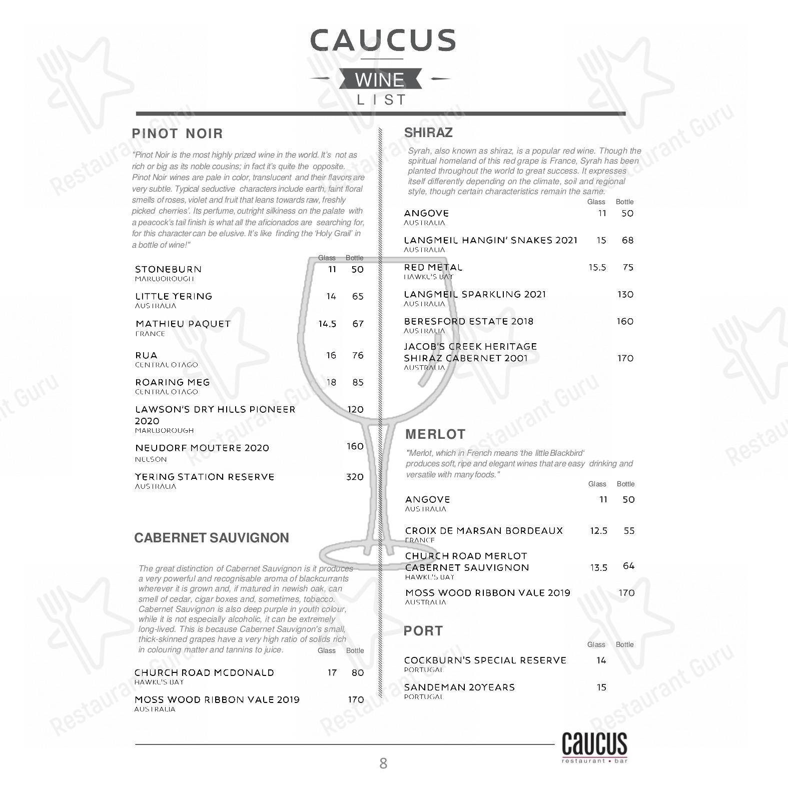 Menu at Caucus Restaurant, Wellington