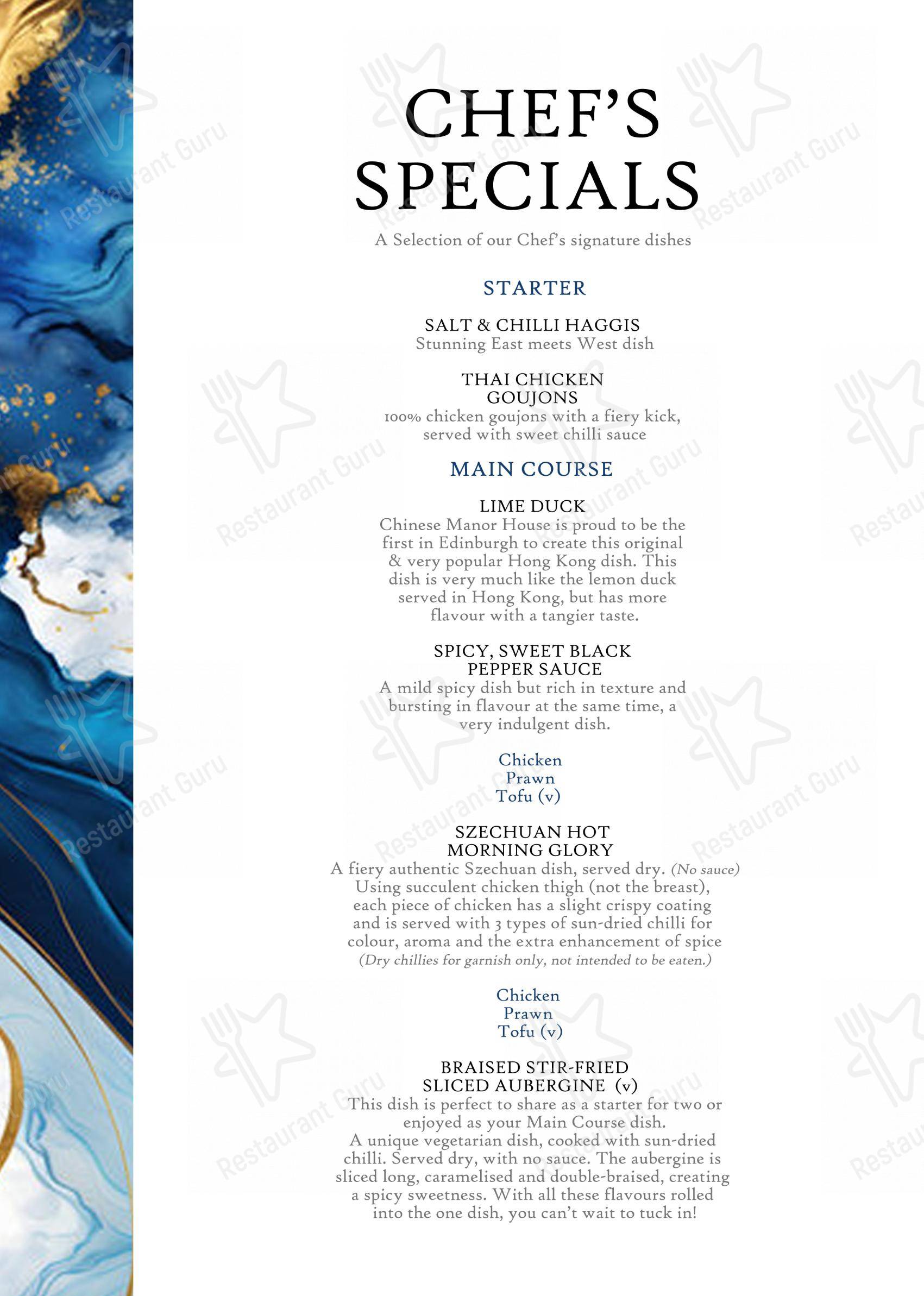 Menu at Chinese Manor House restaurant, Edinburgh, 2 Glasgow Rd