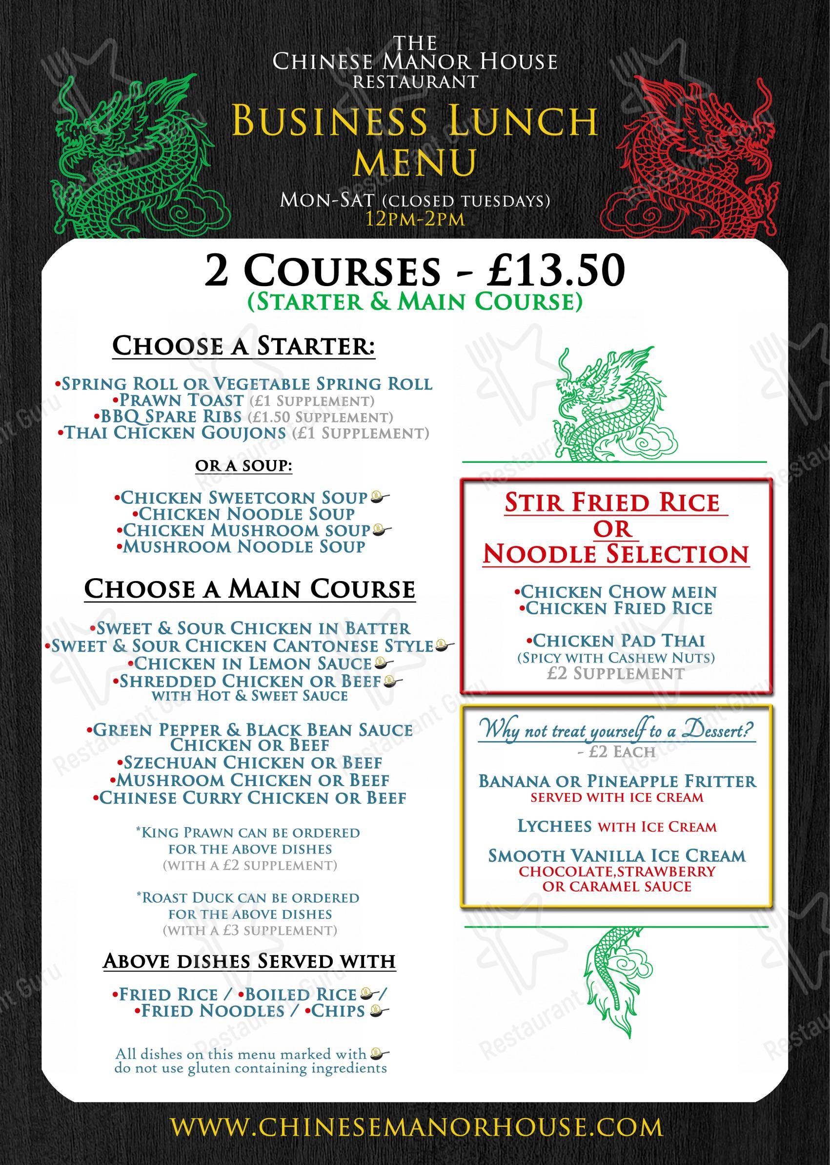 Menu at Chinese Manor House restaurant, Edinburgh, 2 Glasgow Rd