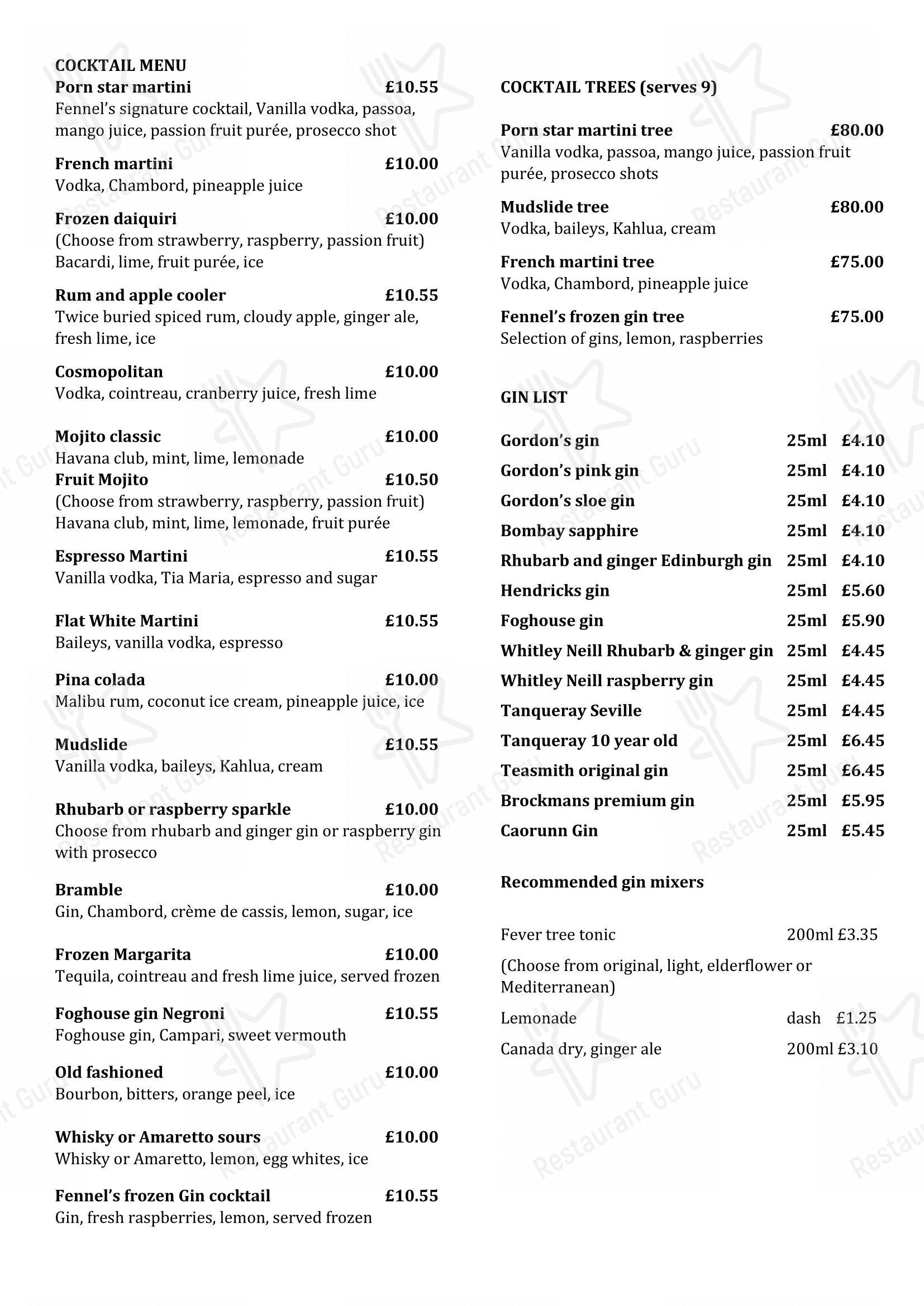 Menu at Fennel Restaurant, Inverurie