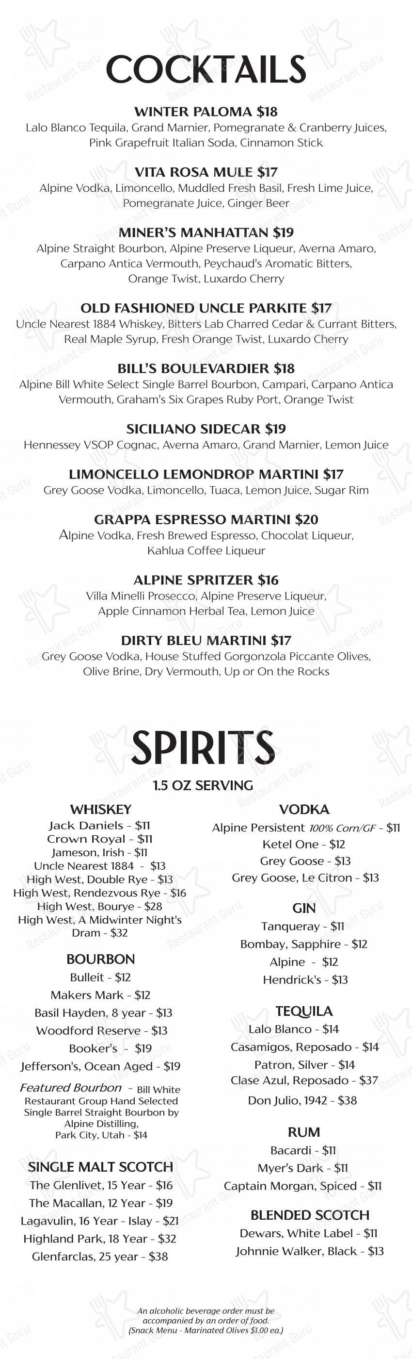Menu at Grappa pub & bar, Park City, 151 Main St