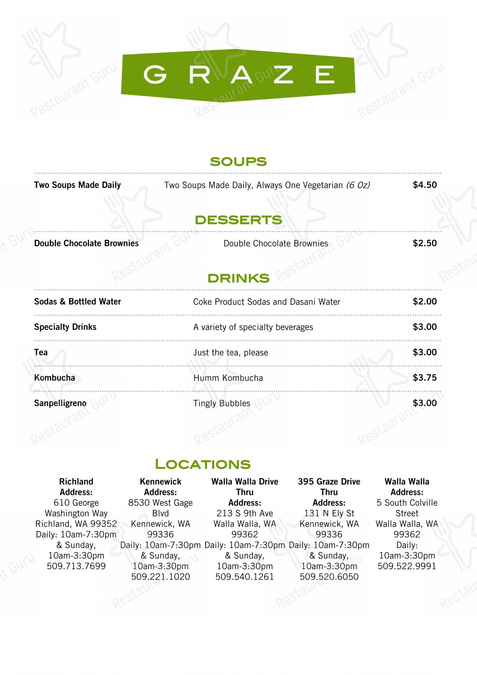 Menu at Graze 'a Place To Eat' restaurant, Walla Walla, 5 S Colville St