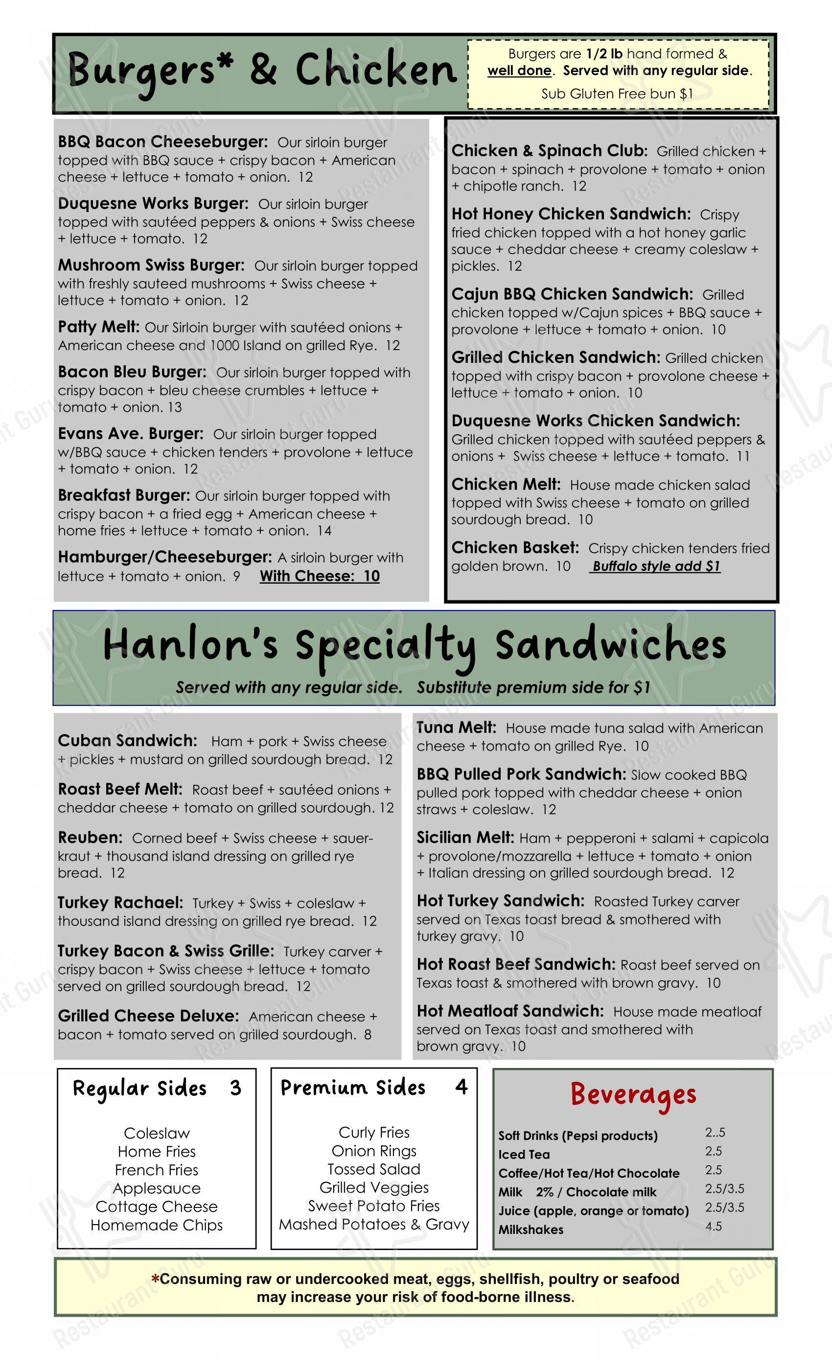 Menu at Hanlon's Cafe, Pittsburgh, 17 Foster Ave