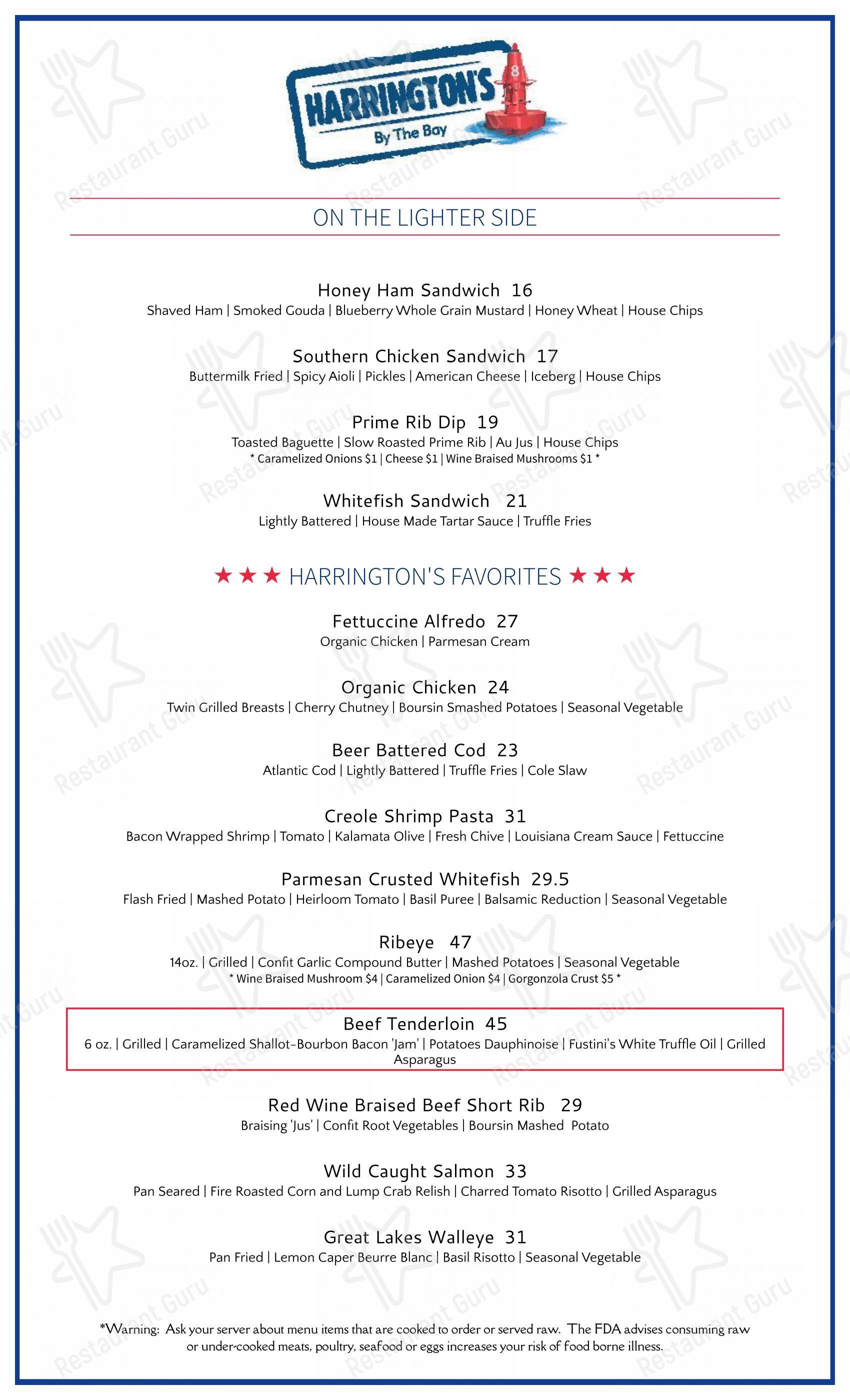 Menu at Harrington's By The Bay pub & bar, Traverse City