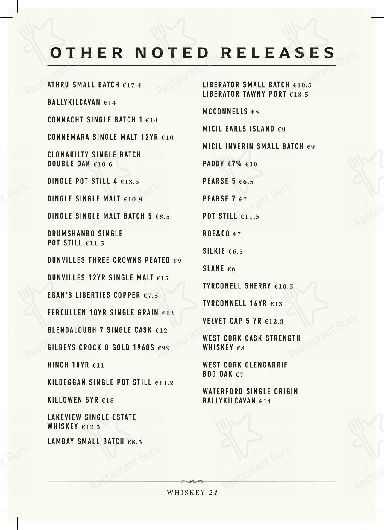 Menu at Hilliard's Killarney restaurant, Killarney