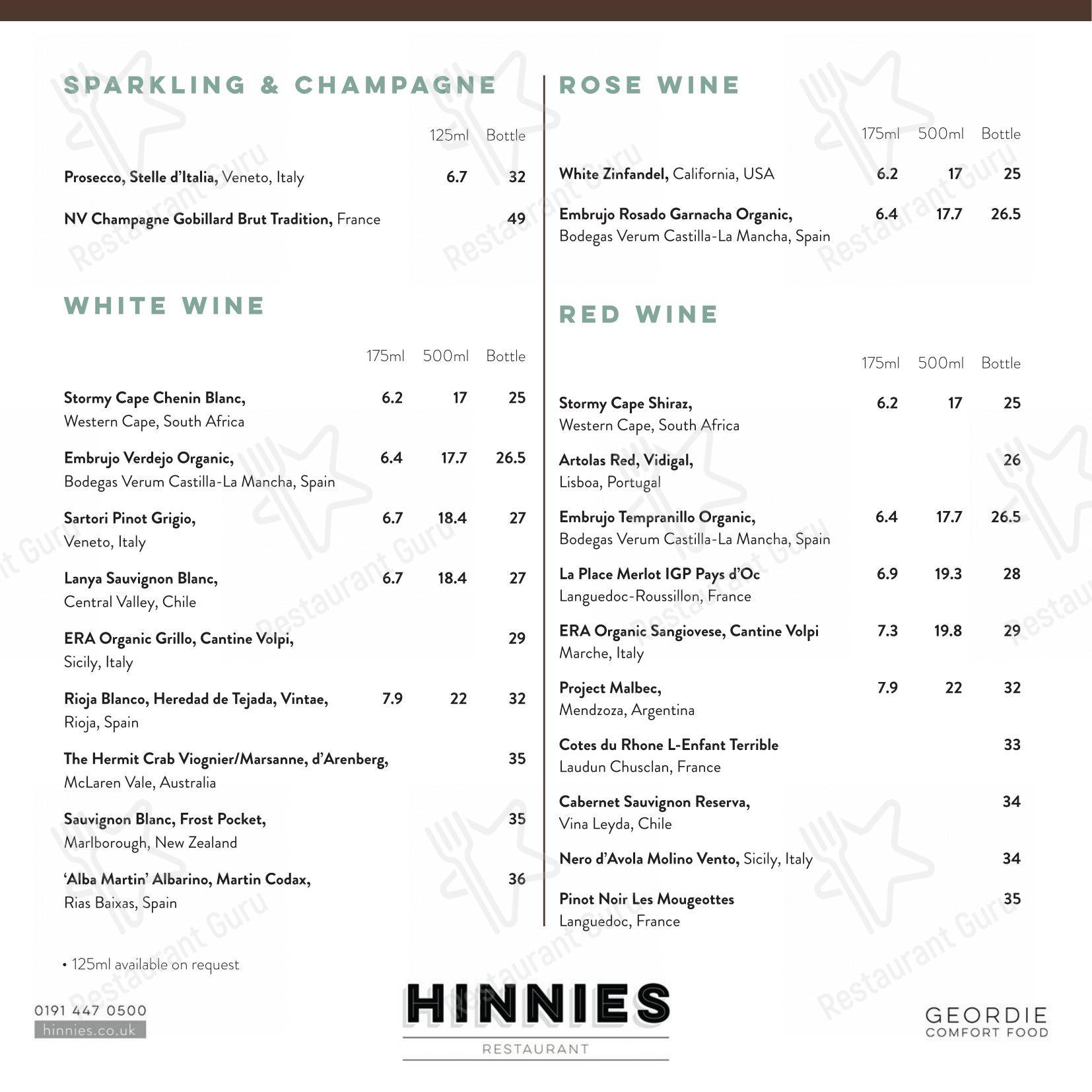 Menu at Hinnies Restaurant, Whitley Bay