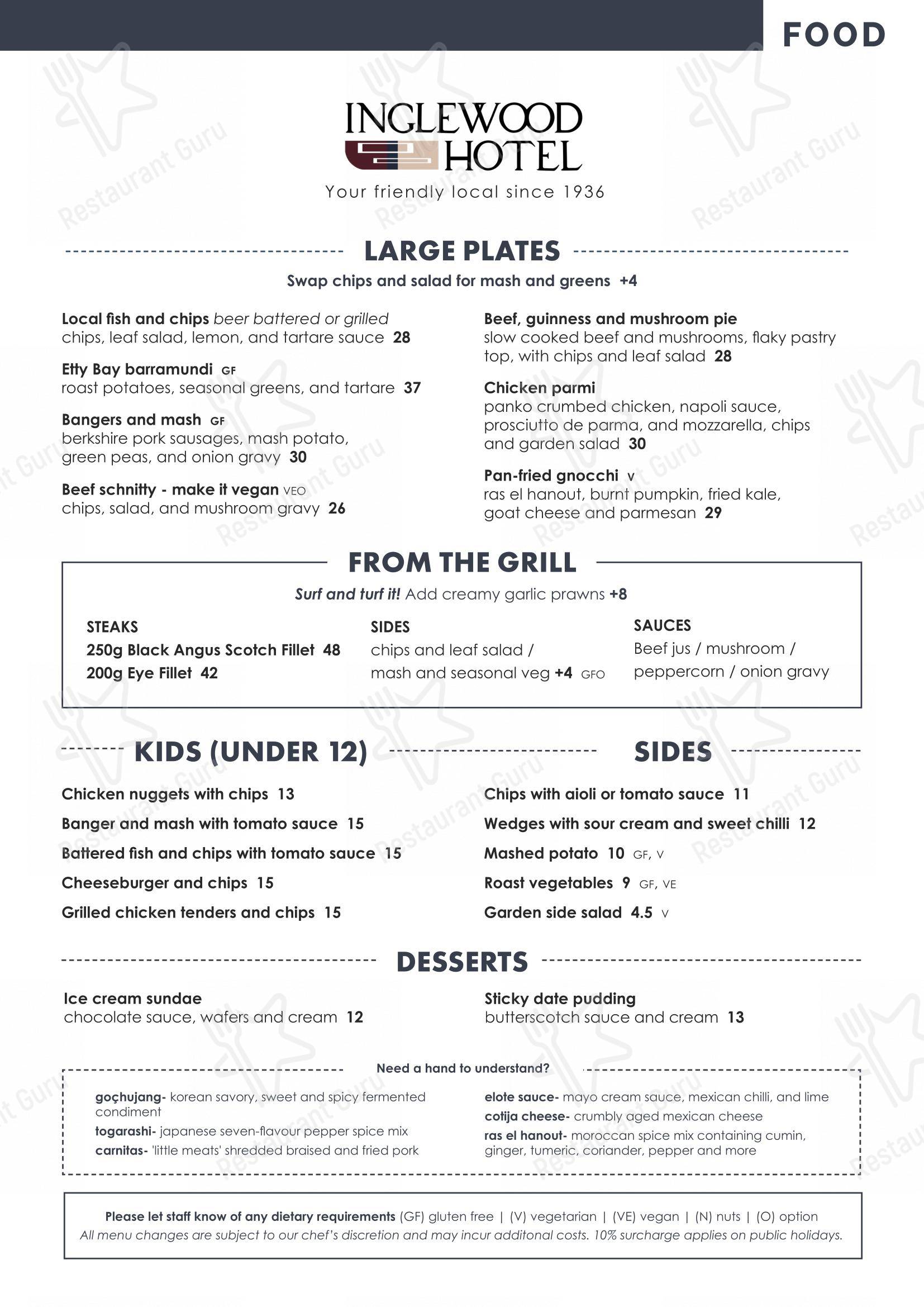 Menu at Inglewood Hotel Perth pub & bar, Mount Lawley