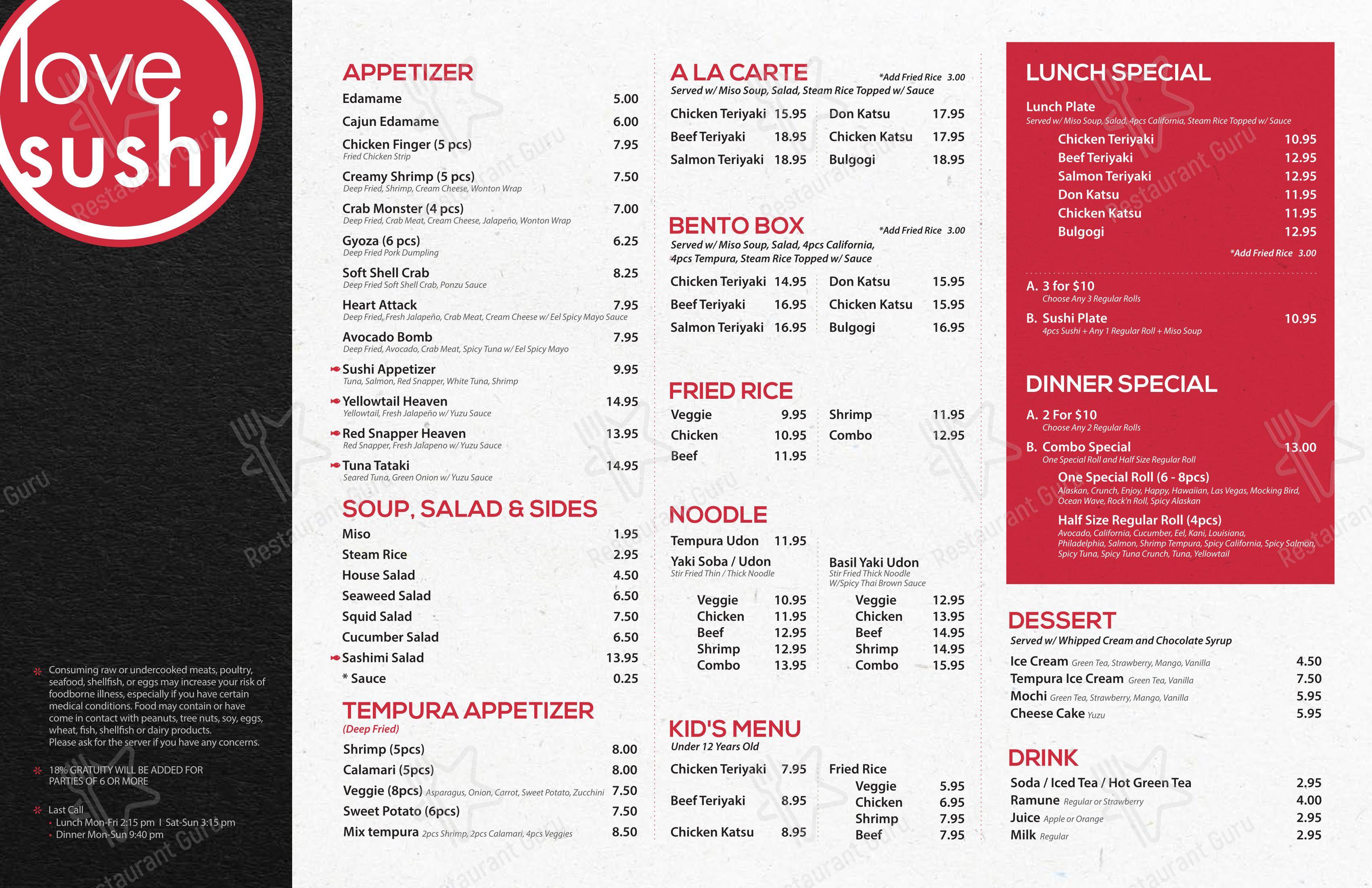 Menu at Love Sushi restaurant, Frisco, FM 423