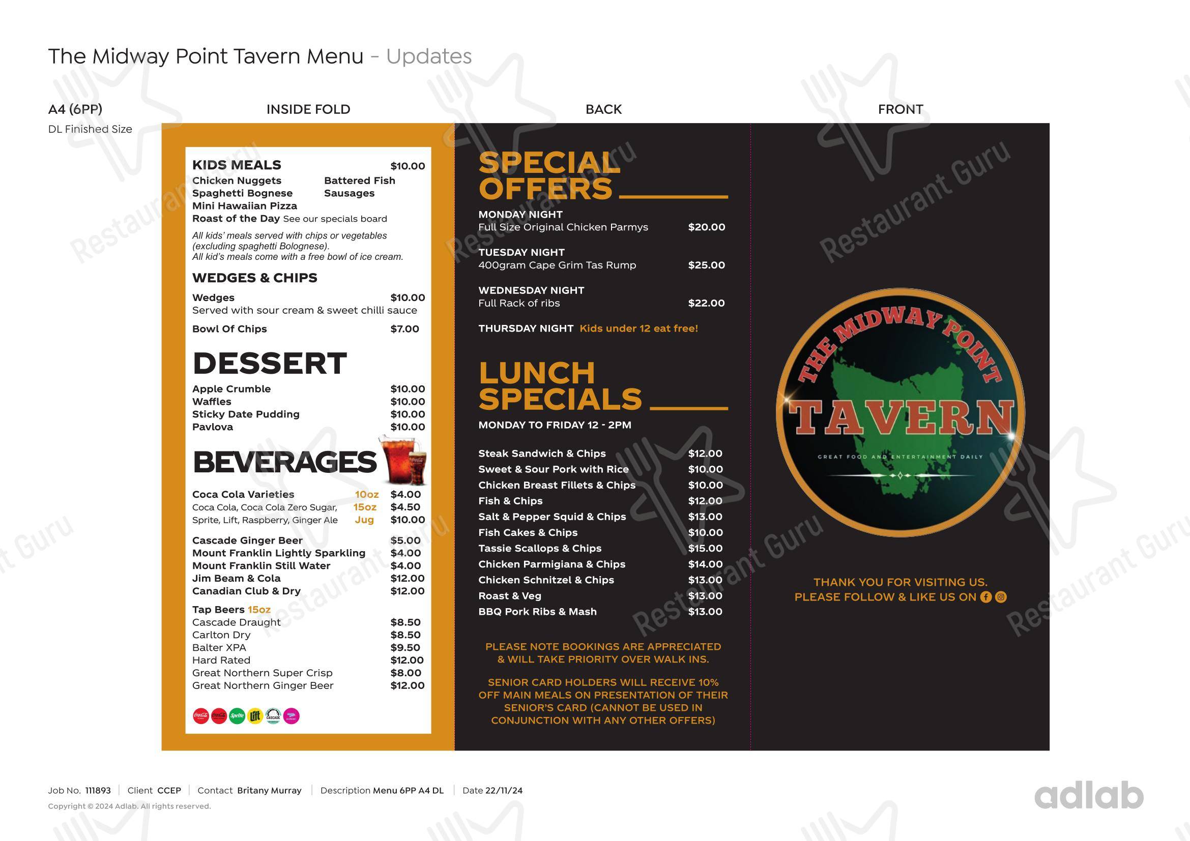 Menu at Midway Point Tavern pub & bar, Midway Point