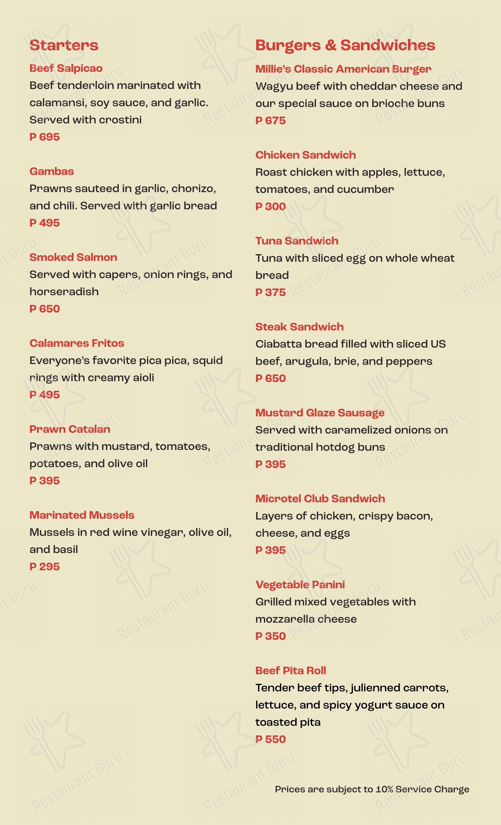 Menu at Millie's All day Dining restaurant, Quezon City