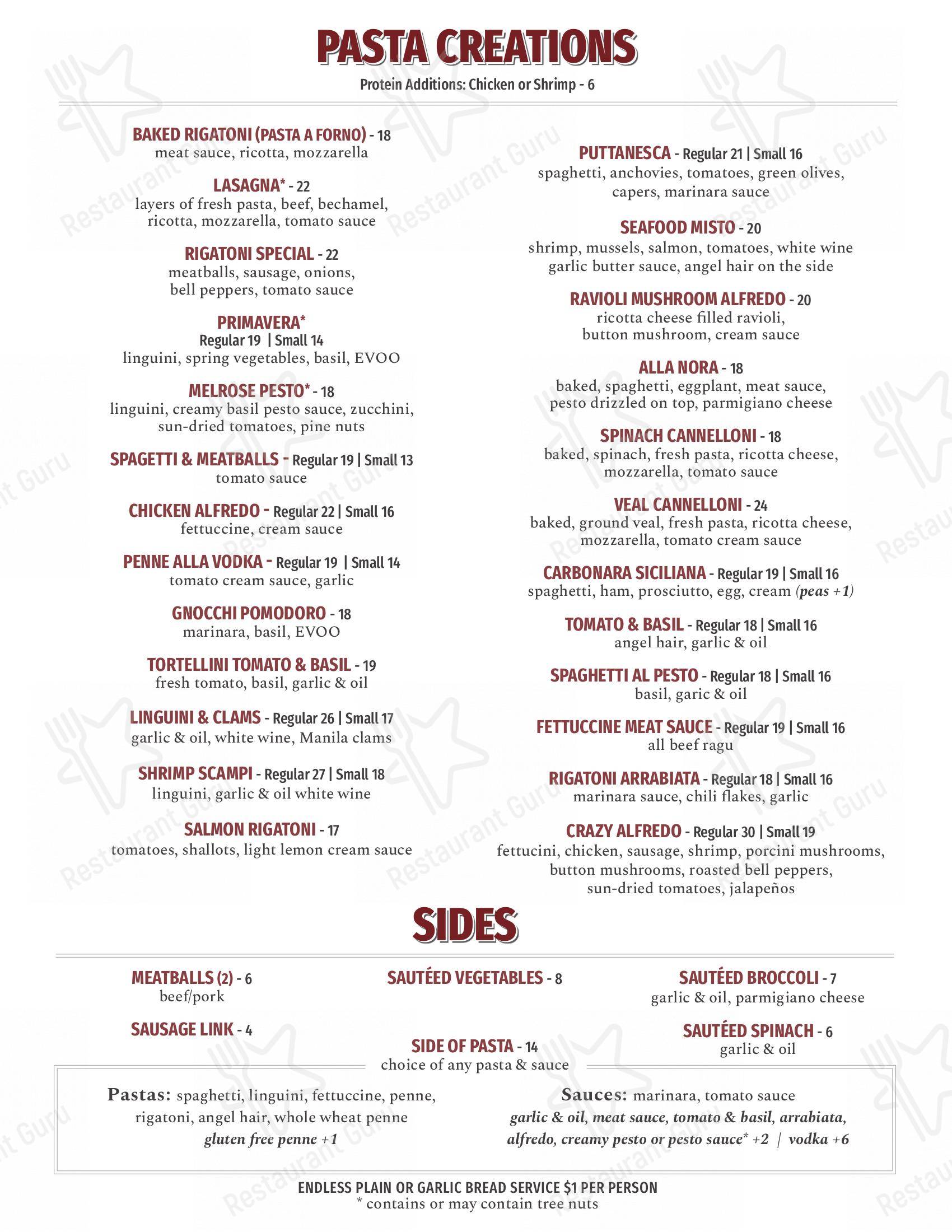 Menu at Nora's Italian Cuisine pub & bar, Las Vegas, W Flamingo Rd