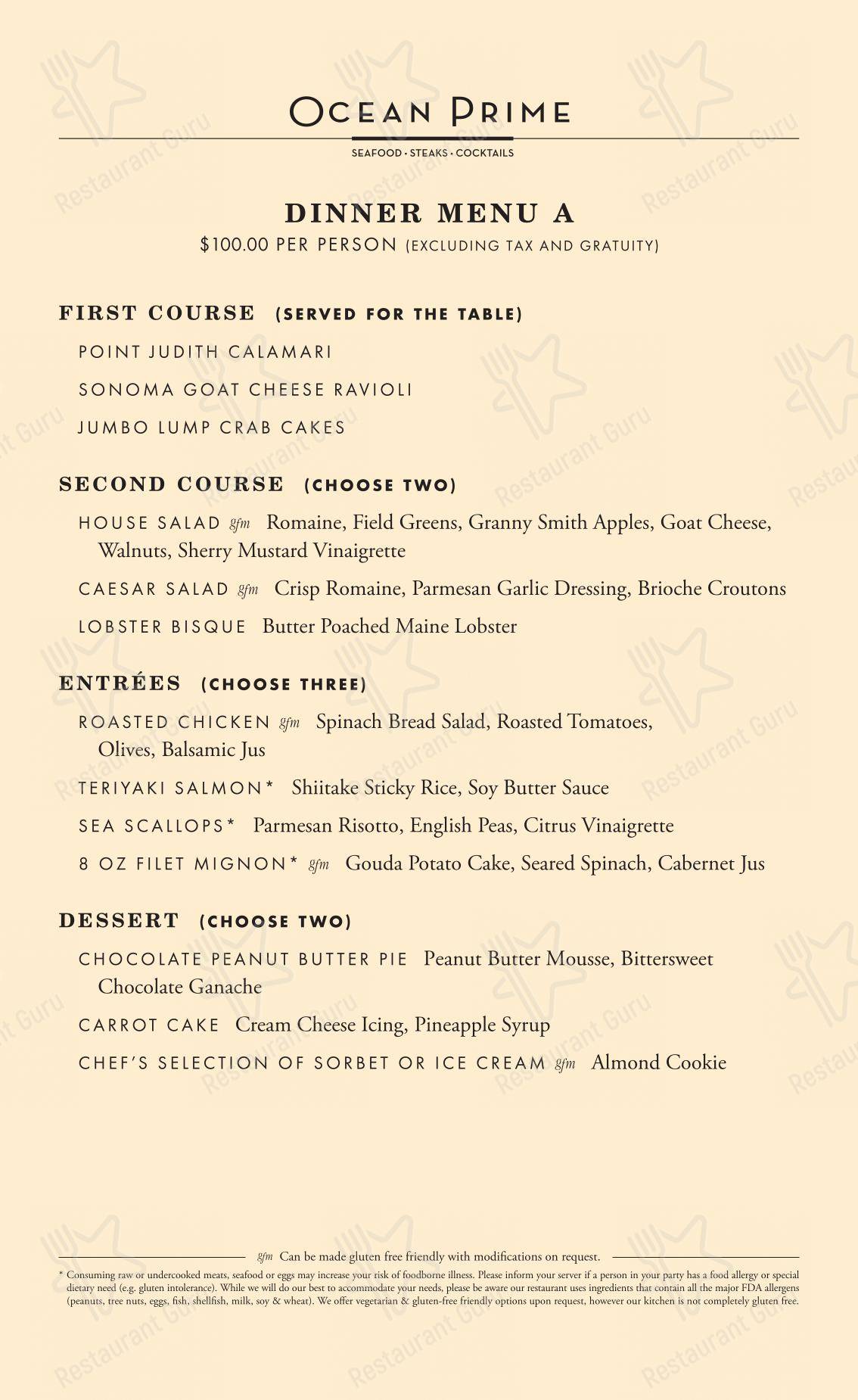 Menu at Ocean Prime steakhouse, Philadelphia