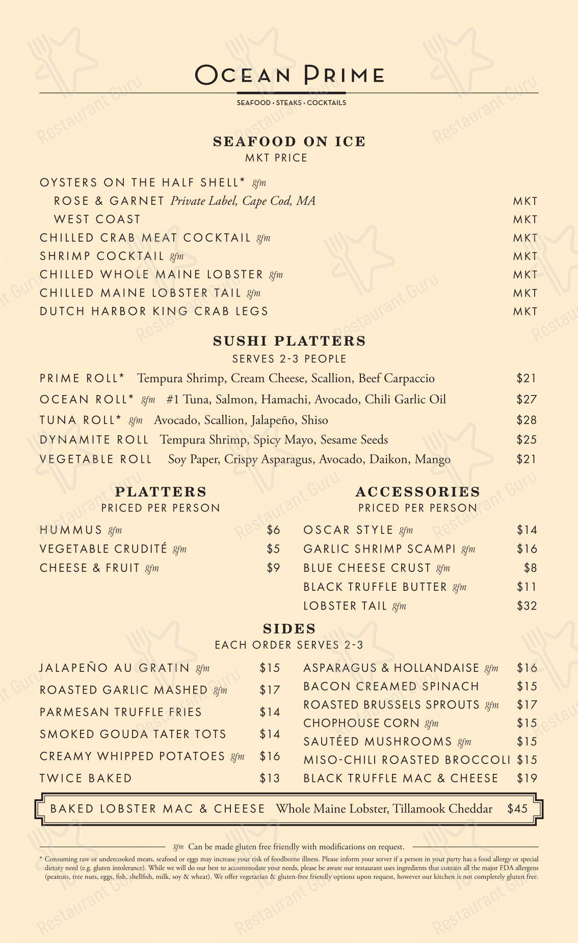 Menu at Ocean Prime steakhouse, Philadelphia
