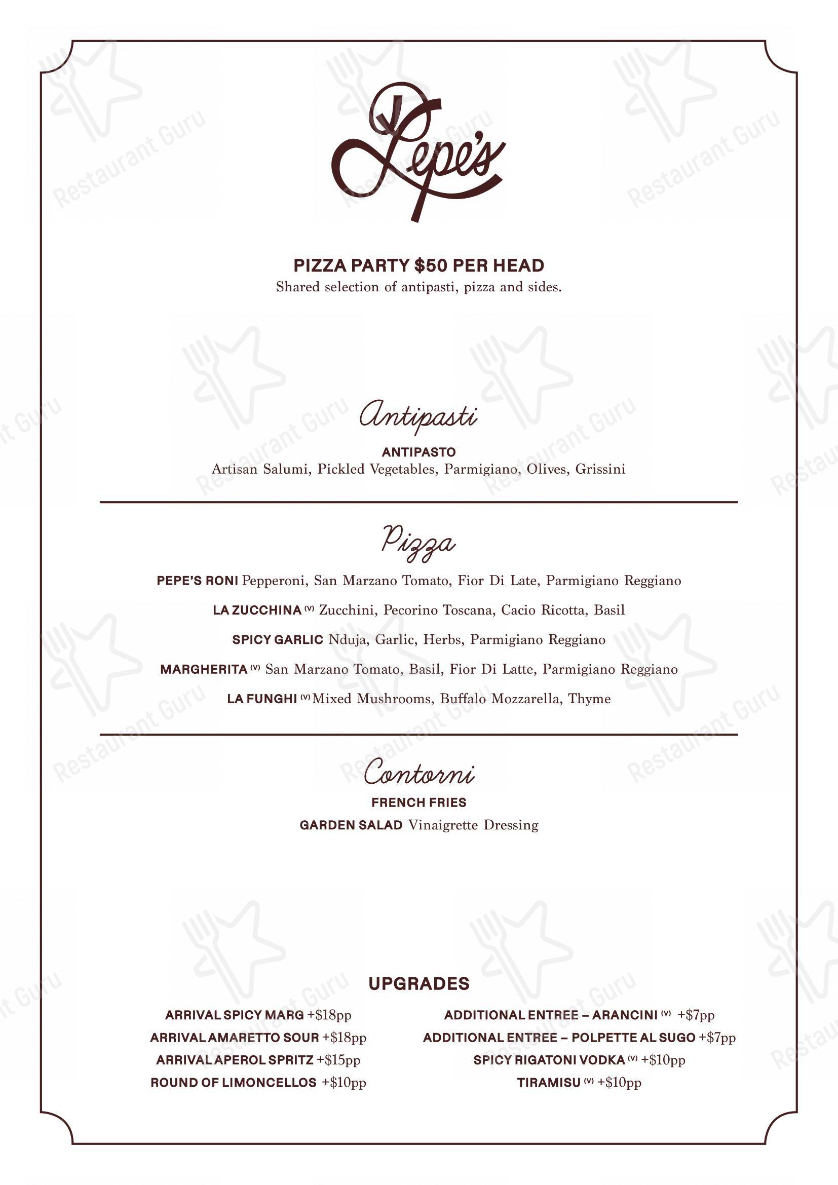 Menu at Pepe's Italian & Liquor pub & bar, Melbourne