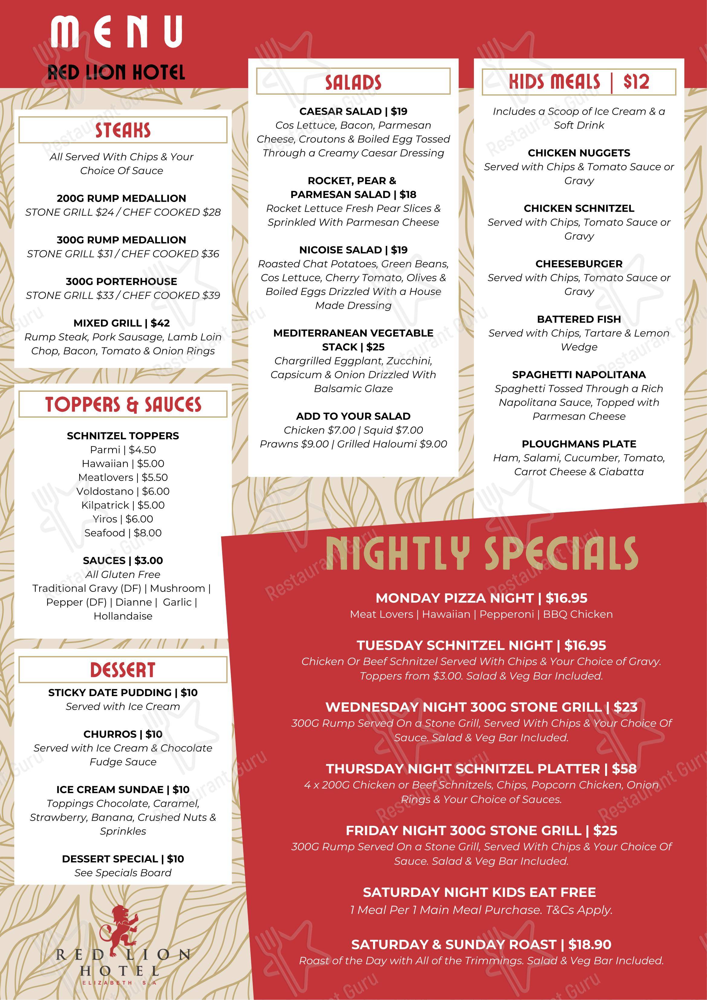 Menu at Red Lion Hotel pub & bar, Elizabeth North