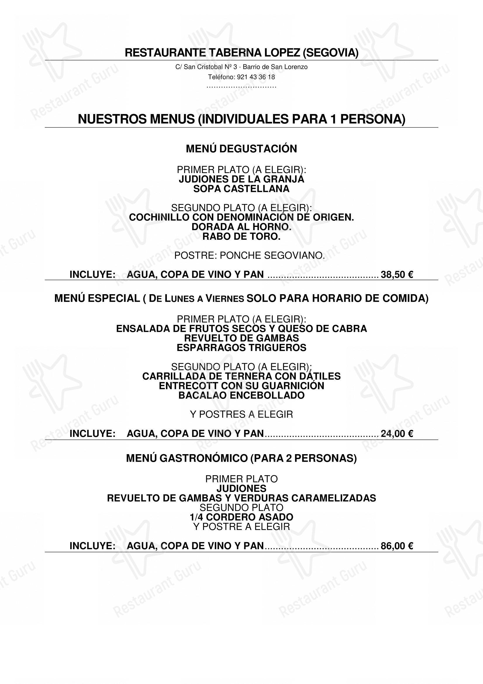 Carta de Restaurante Taberna López, Segovia